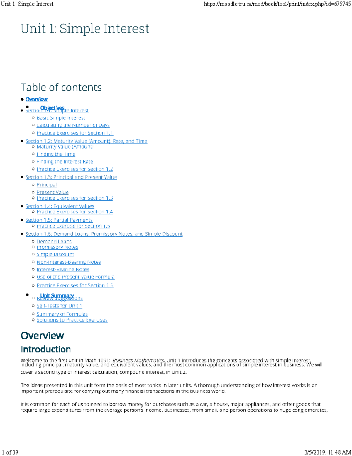 Unit 1 Simple Interest - Lecture notes 1 - MATH1091 - Unit 1: Simple ...