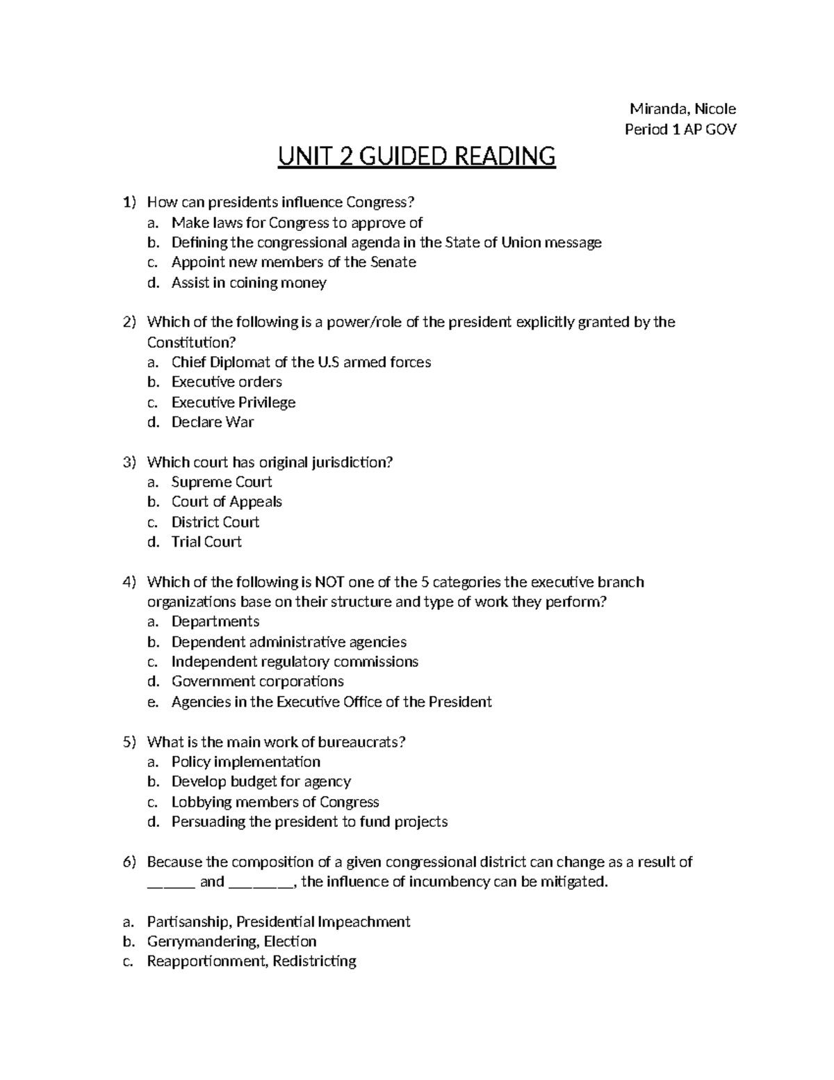 Doc4 - History study guide - Miranda, Nicole Period 1 AP GOV UNIT 2 ...