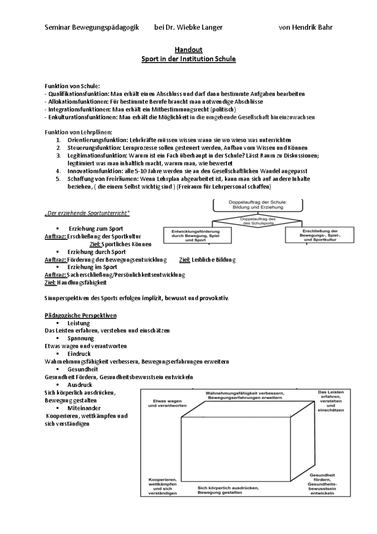 Handout Sport in der Institution Schule - Seminar Bewegungspädagogik ...