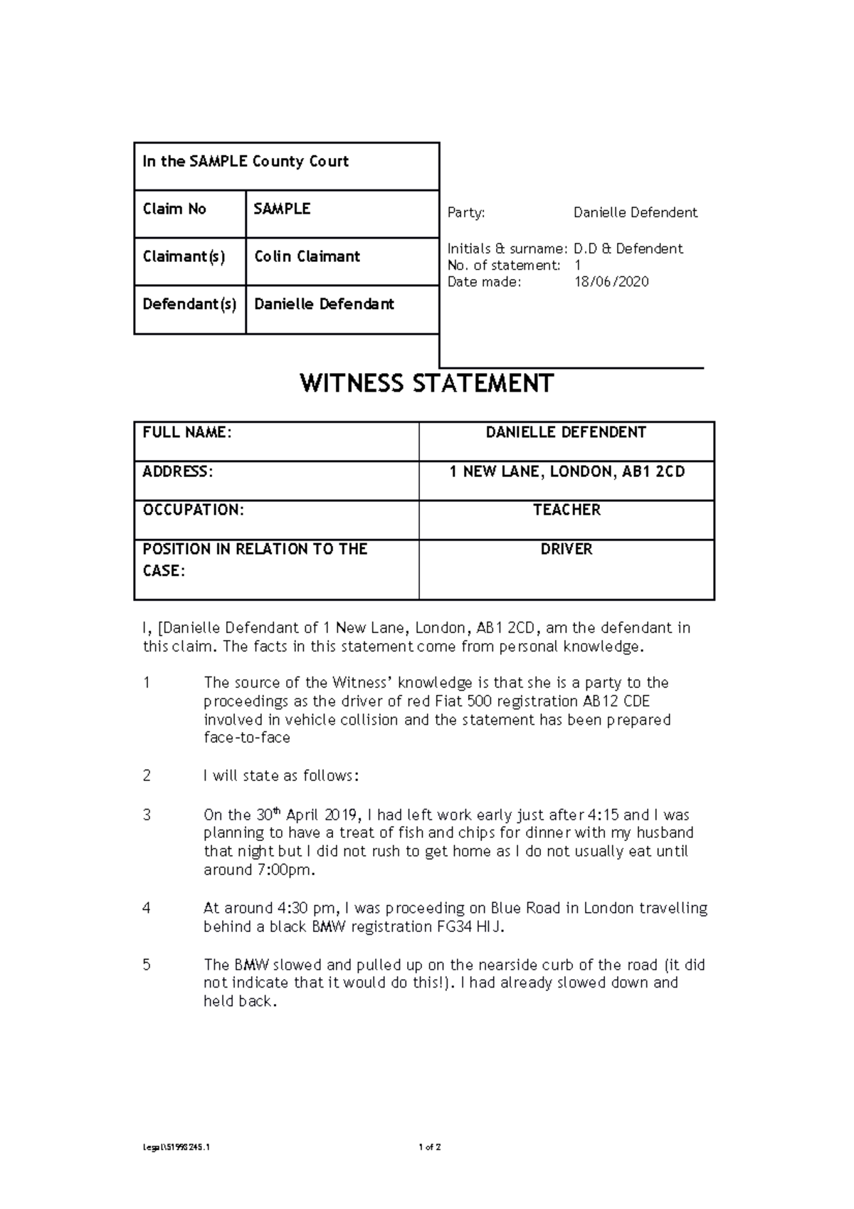Task 1 - Template - Witness Statement - In the SAMPLE County Court ...