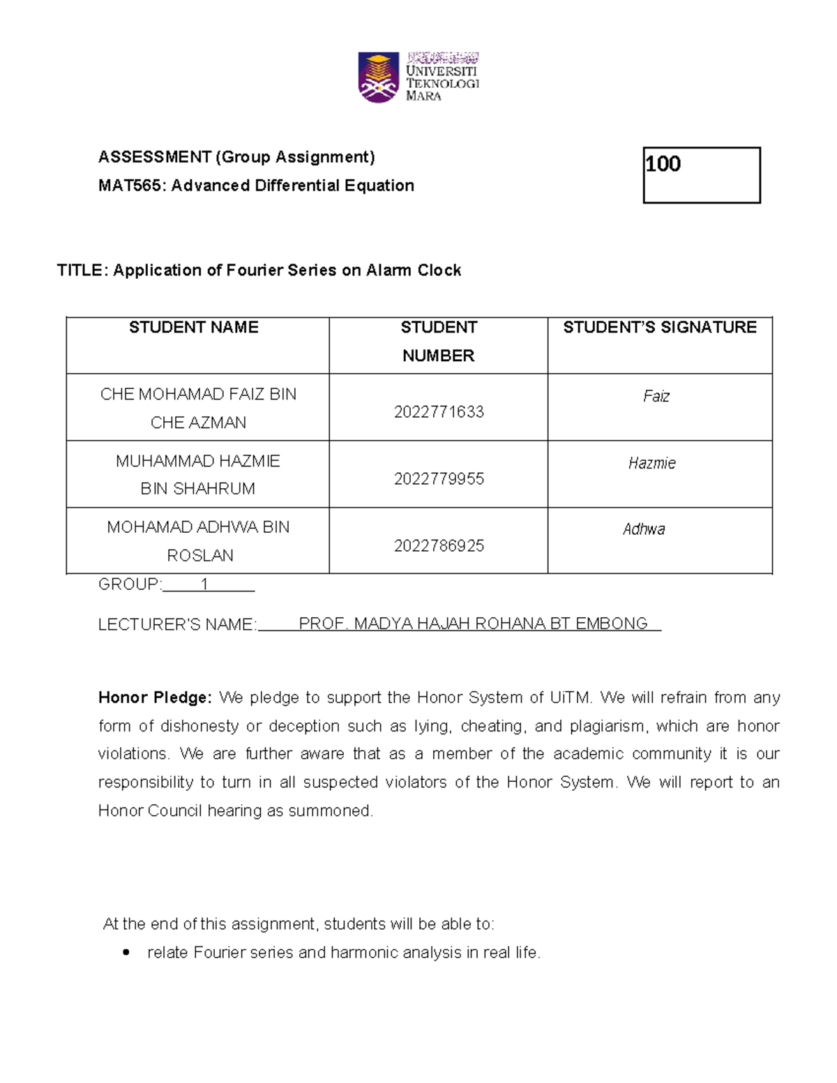 Group 1 Assessment MAT565 EMD4M3C - ASSESSMENT (Group Assignment ...