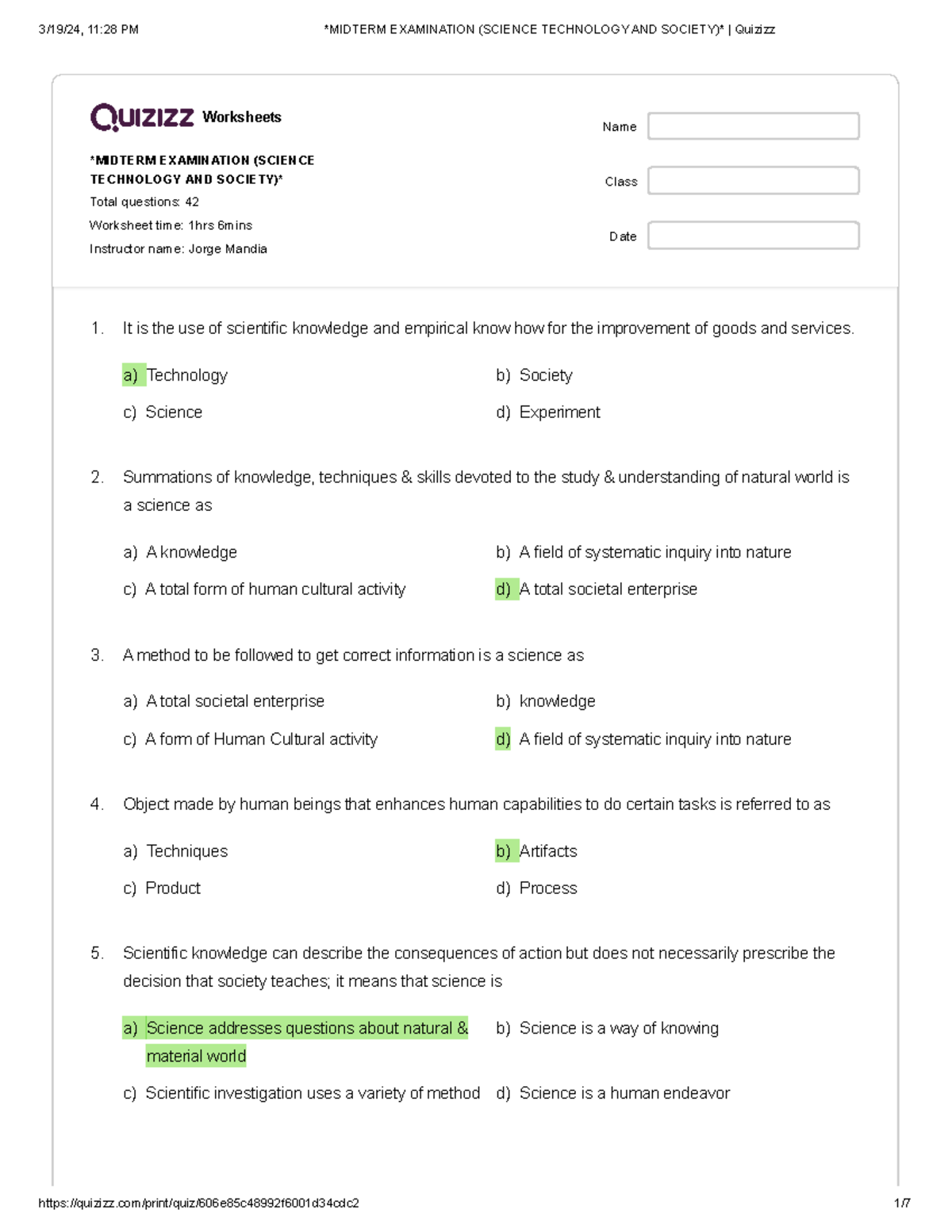 Midterm Examination ( Science Technology AND Society) Quizizz - Worksheets *MIDTERM EXAMINATION ...