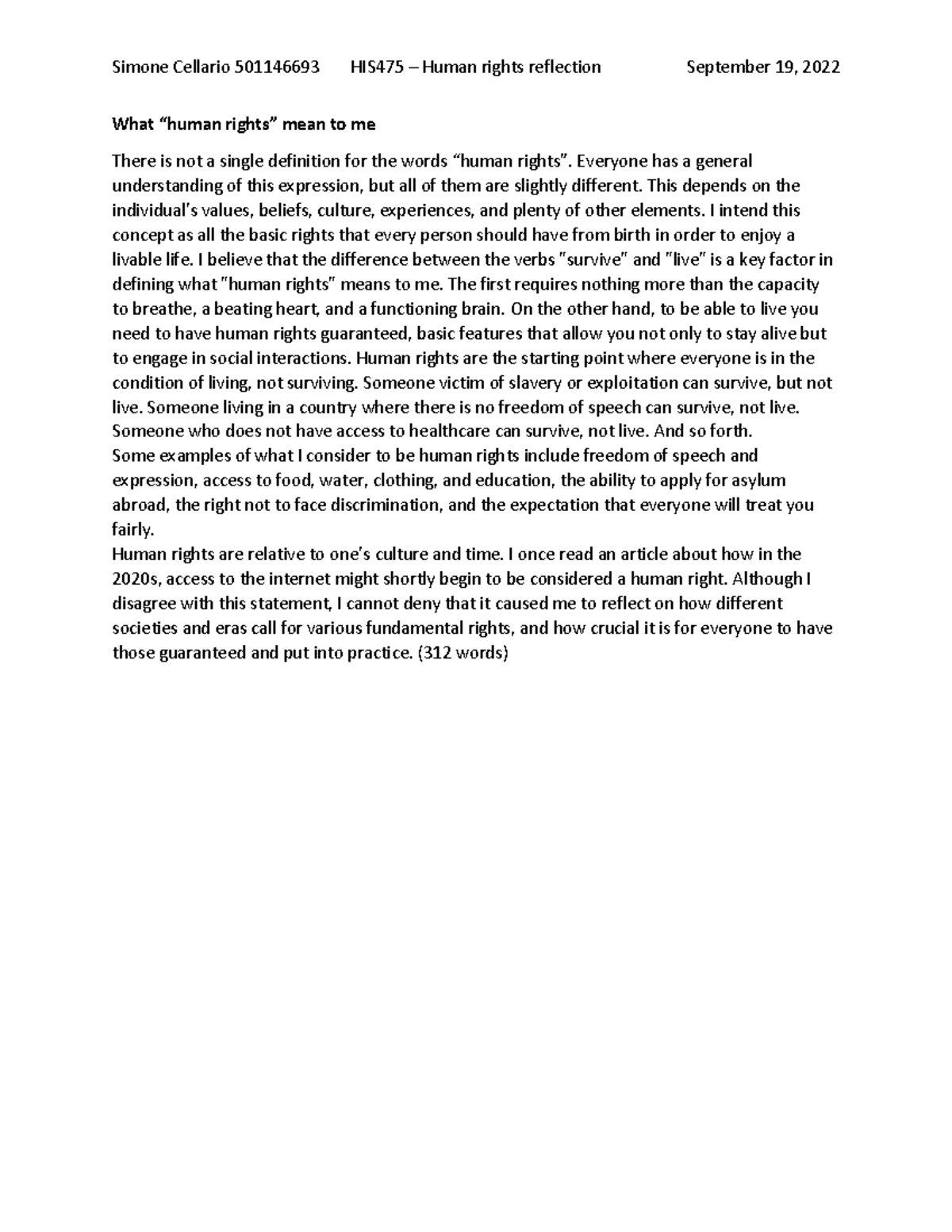 HIS475 - Simone Cellario - human rights reflection part one - Simone ...