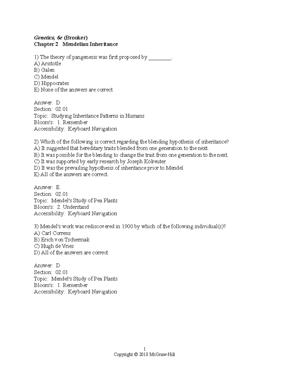 Brooker 6e chapter 02 tb answerkey - Genetics, 6e (Brooker) Chapter 2 ...