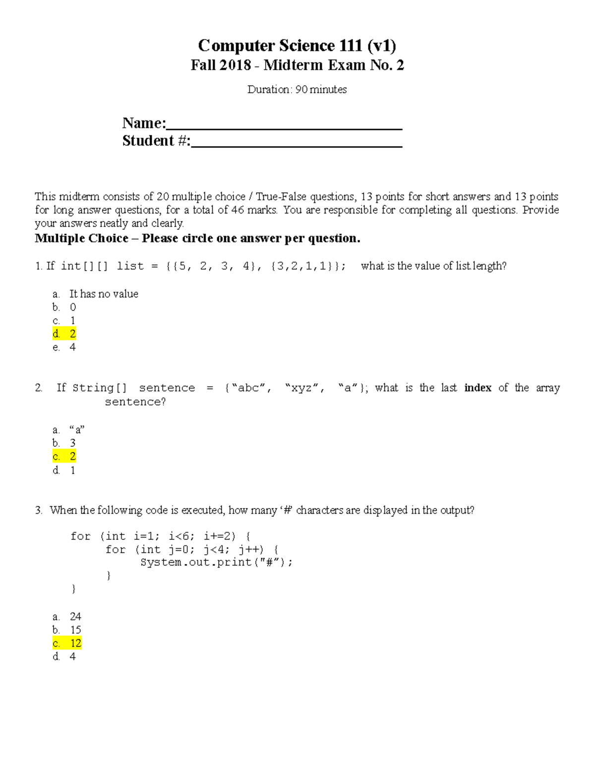 COSC111-Midterm 2-FALL2018 - Computer Science 111 (v1) Fall 2018 - Midterm Exam No. 2 Duration ...