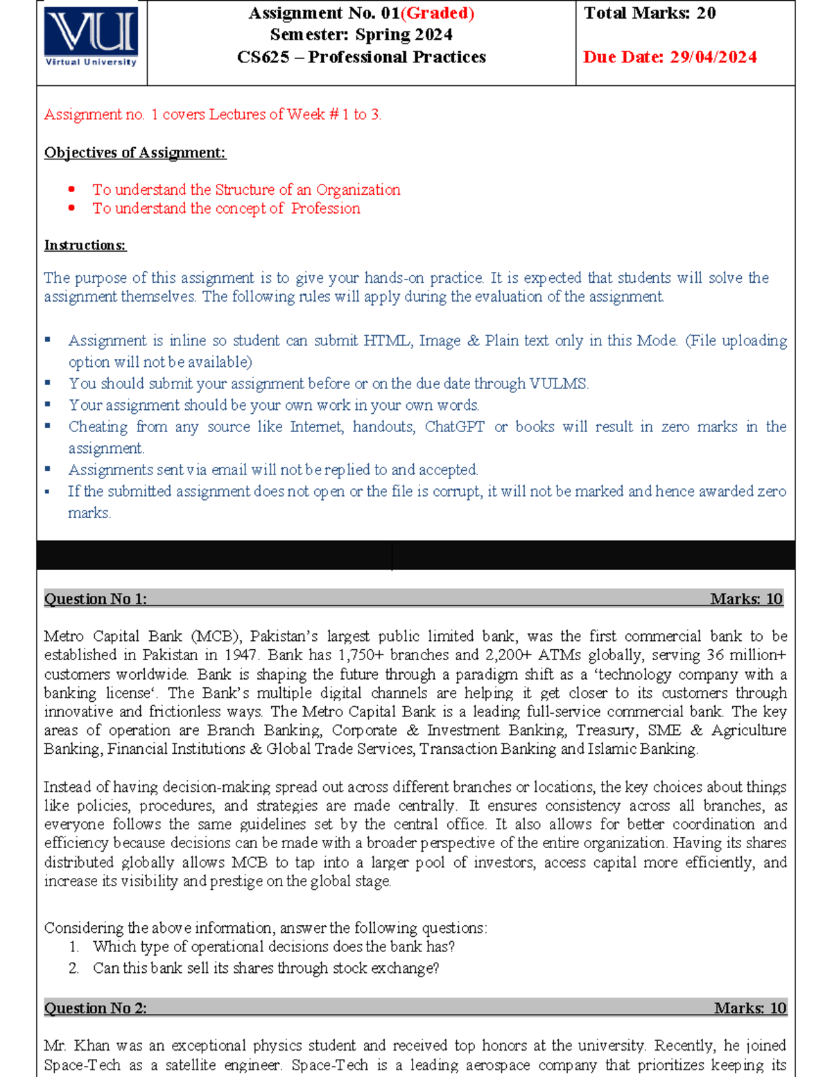 Spring 2024 CS625 1 - Assignment No. 01(Graded) Semester: Spring 2024 CS625 – Professional ...