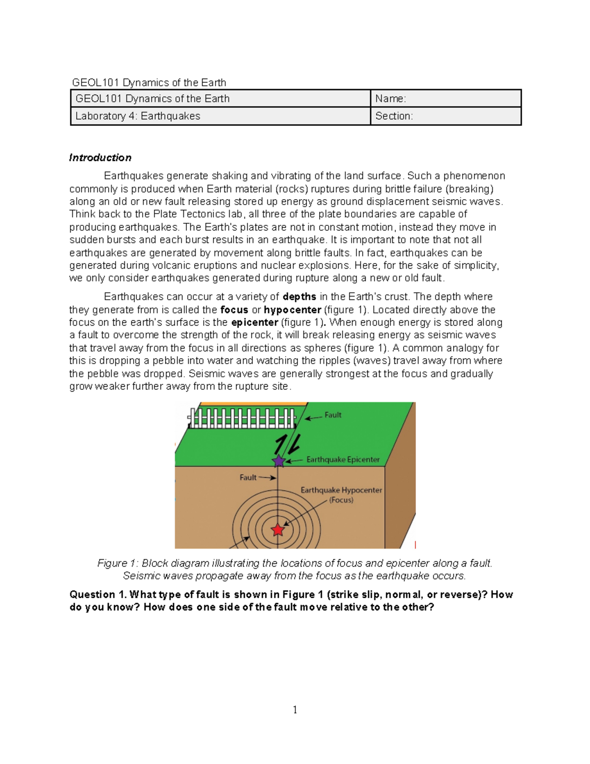GEOL101 Lab 4 Earthquakes Handout - GEOL101 Dynamics of the Earth ...