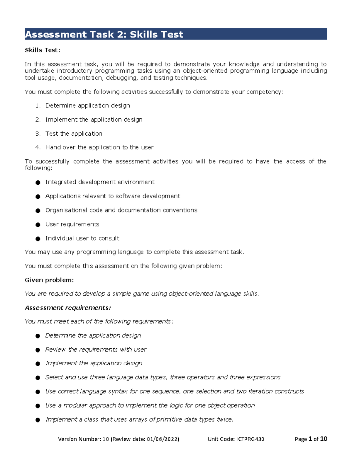 SK T 430 - Assessment Task 2: Skills Test Skills Test: In this ...