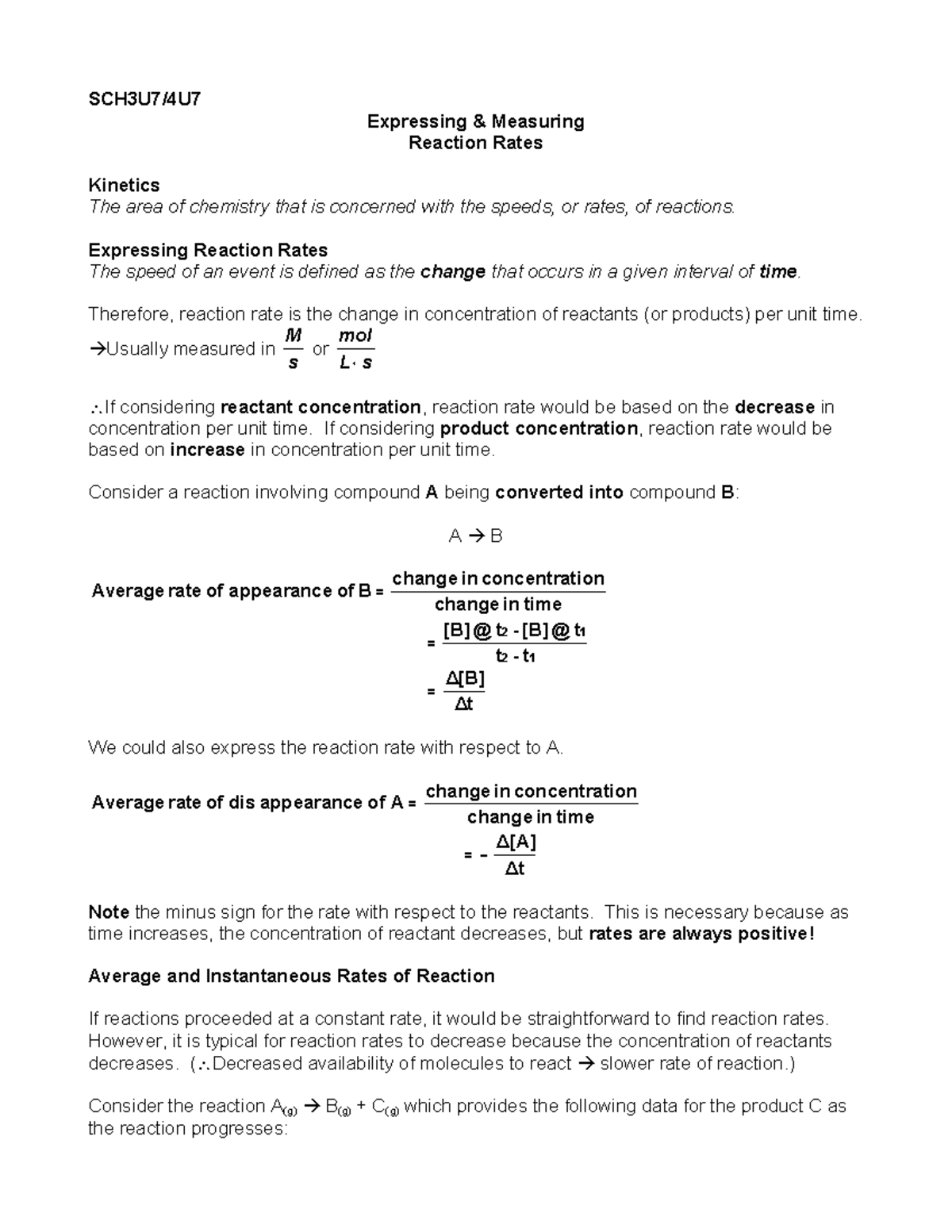 1 - Expressing & Measuring Reaction Rates - SCH3U7/4U Expressing ...