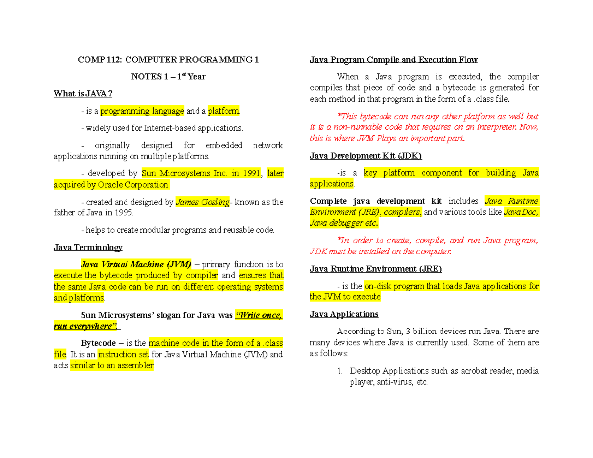 COMP 112 - Java Notes (1ST YR) - COMP 112: COMPUTER PROGRAMMING 1 NOTES ...