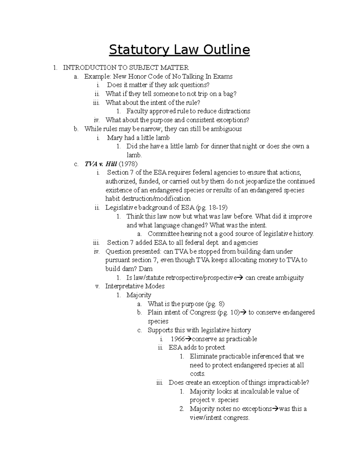 Stat Law Outline - Statutory Law Outline 1. INTRODUCTION TO SUBJECT ...