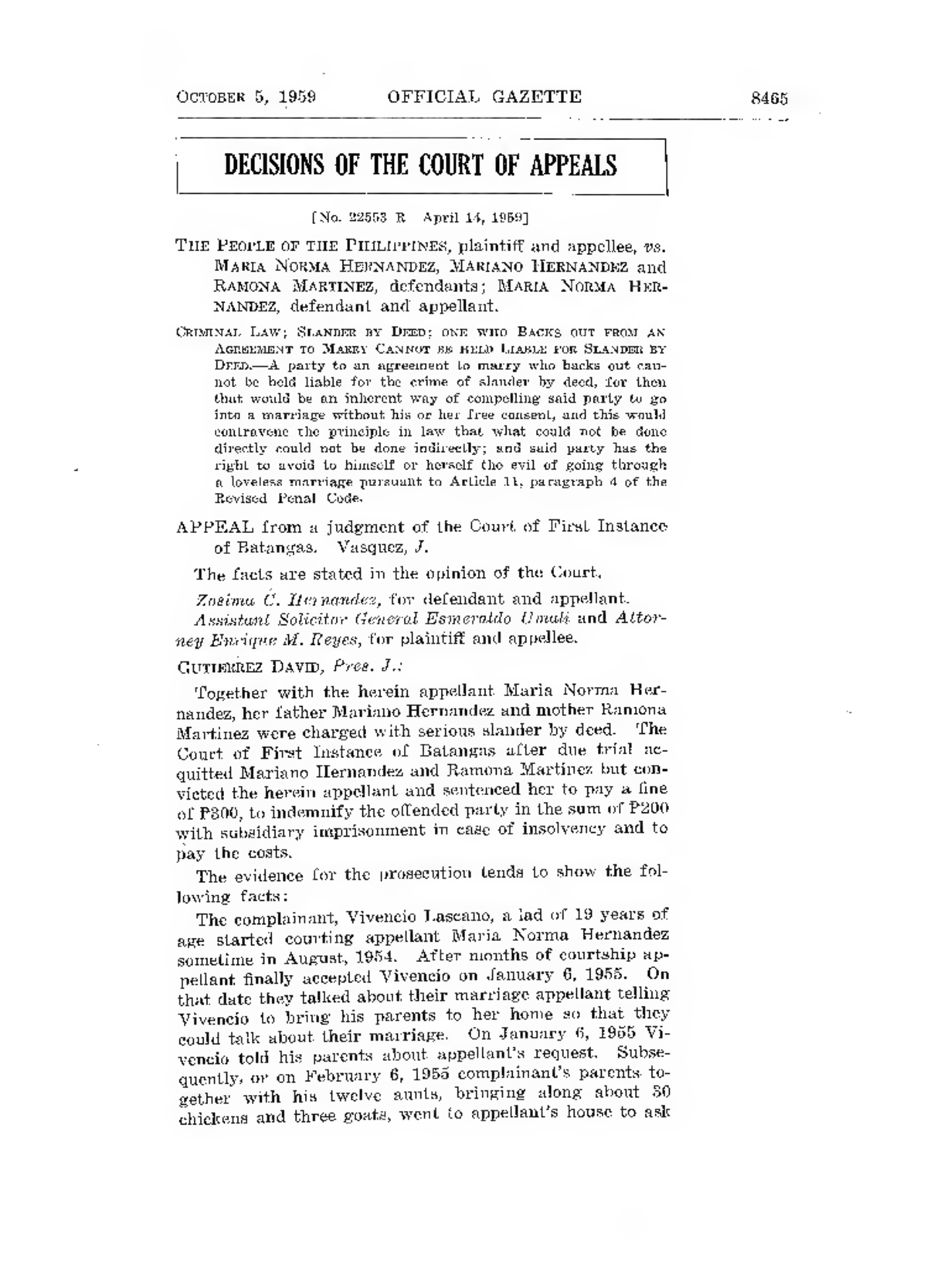 People v. Norma Hernandez - October 5, 1959 OFFICIAL GAZETTE 8465 ...