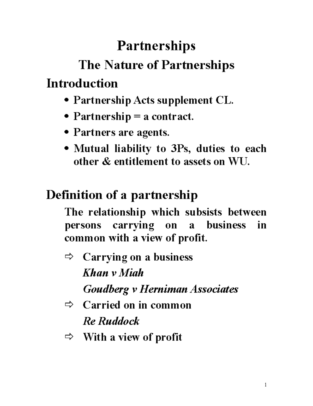 Partnerships ohs - Lecture notes 1 - Partnerships The Nature of ...