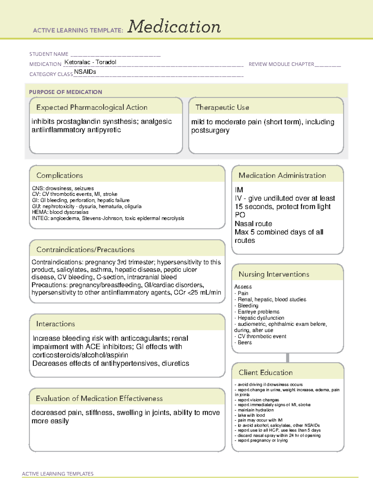 Toradol - Medication Template - ACTIVE LEARNING TEMPLATES Medication ...