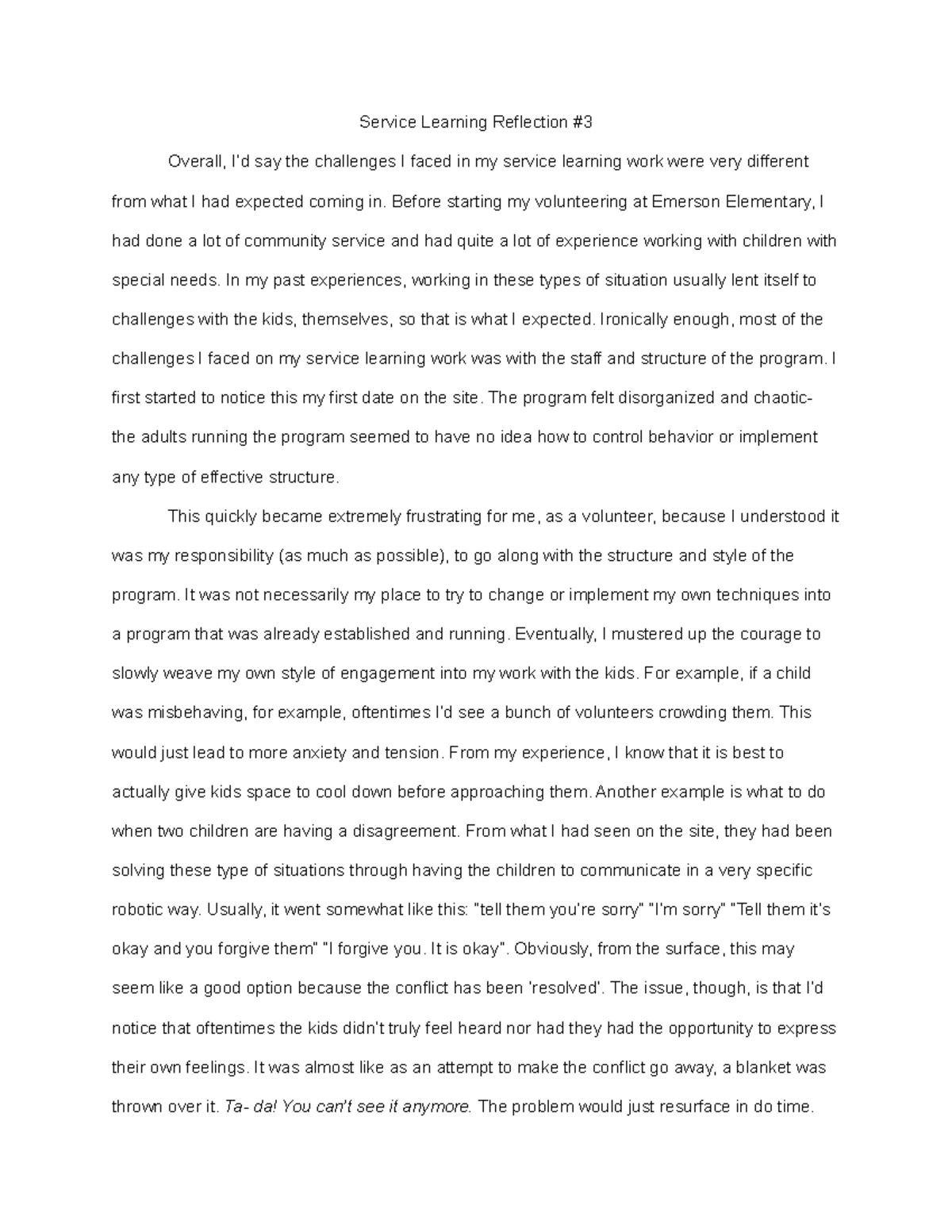 Long Service Learning Reflection #3 - Service Learning Reflection ...