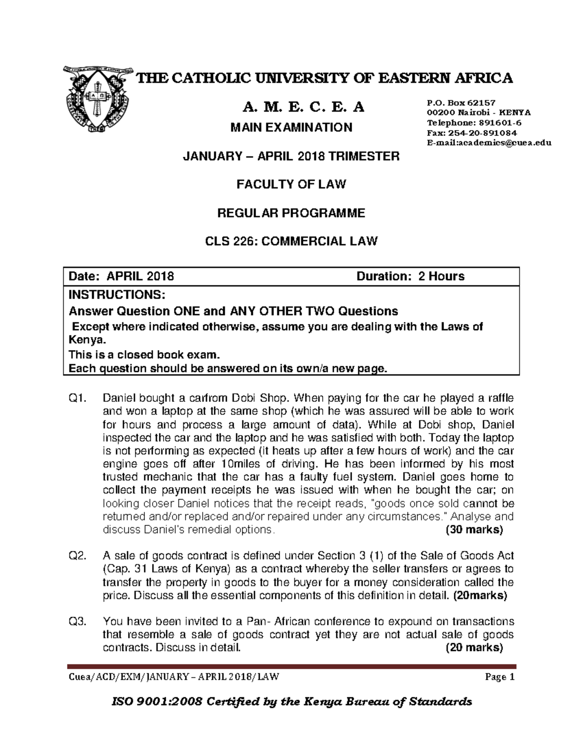 Cls 226 P M Cuea Acd Exm January April 2018 Law Page 1 Iso 9001 2008 Certified By The