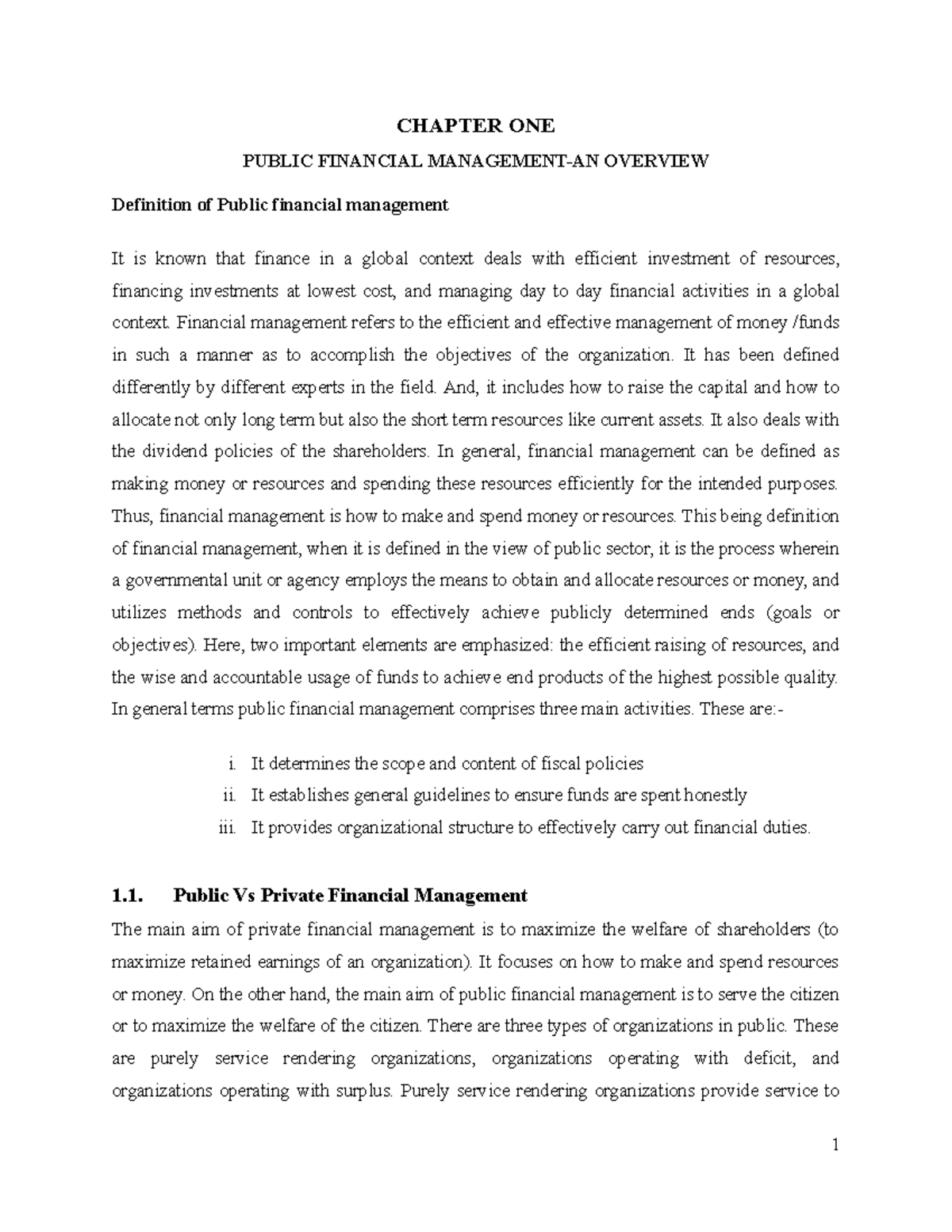 Chapter ONE - short note - CHAPTER ONE PUBLIC FINANCIAL MANAGEMENT-AN ...