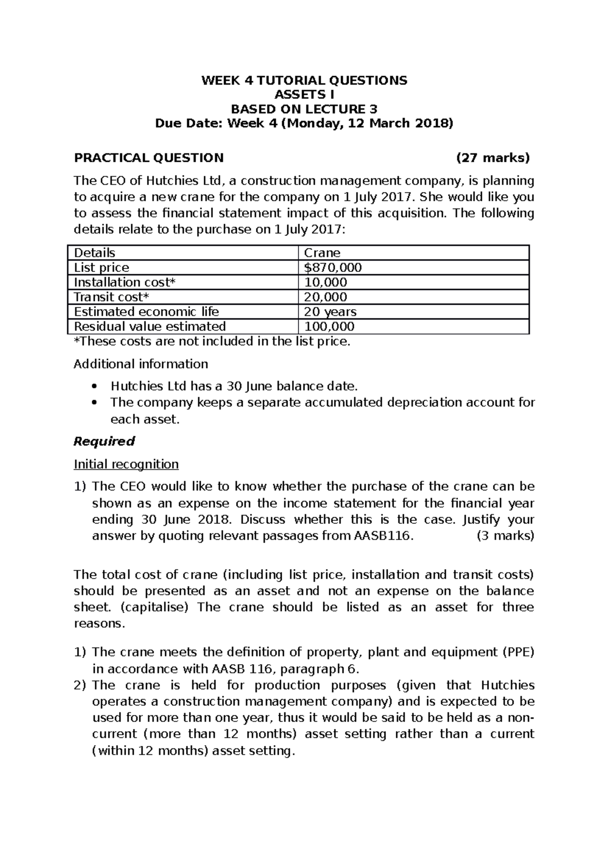 WEEK 4 Tutorial Questions Completed 12233 - WEEK 4 TUTORIAL QUESTIONS ASSETS I BASED ON LECTURE ...