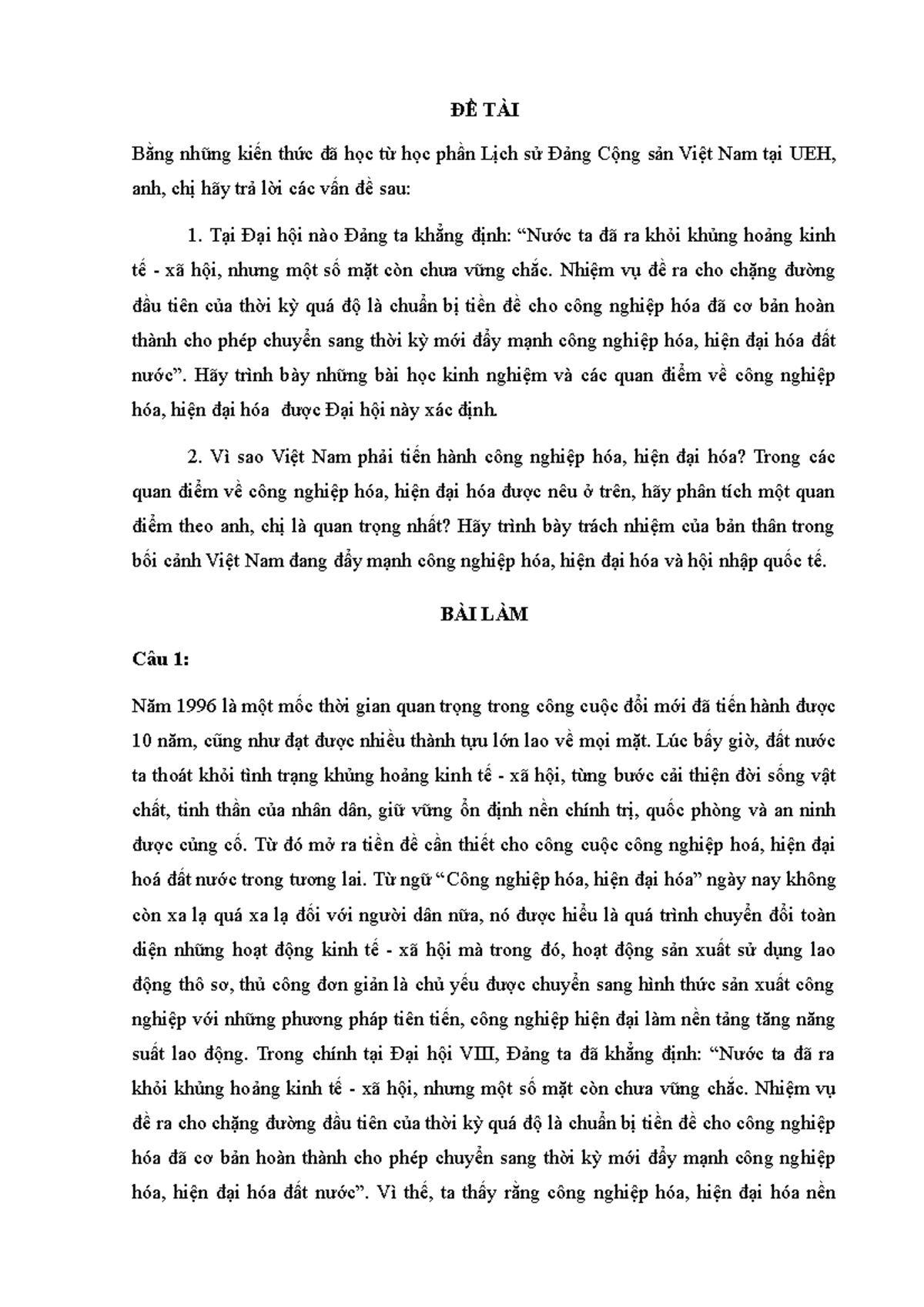 Le Minh Nhut - Lịch sử Đảng Cộng Sản Việt Nam - ĐỀ TÀI Bằng những kiến thức đã học từ học phần ...