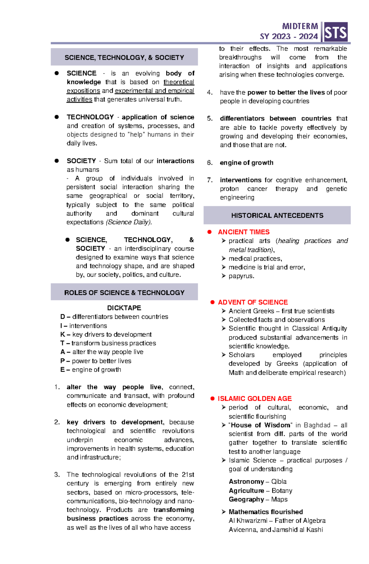 Science, Technology, Engineering - STS SY 2023 - 2024 SCIENCE ...