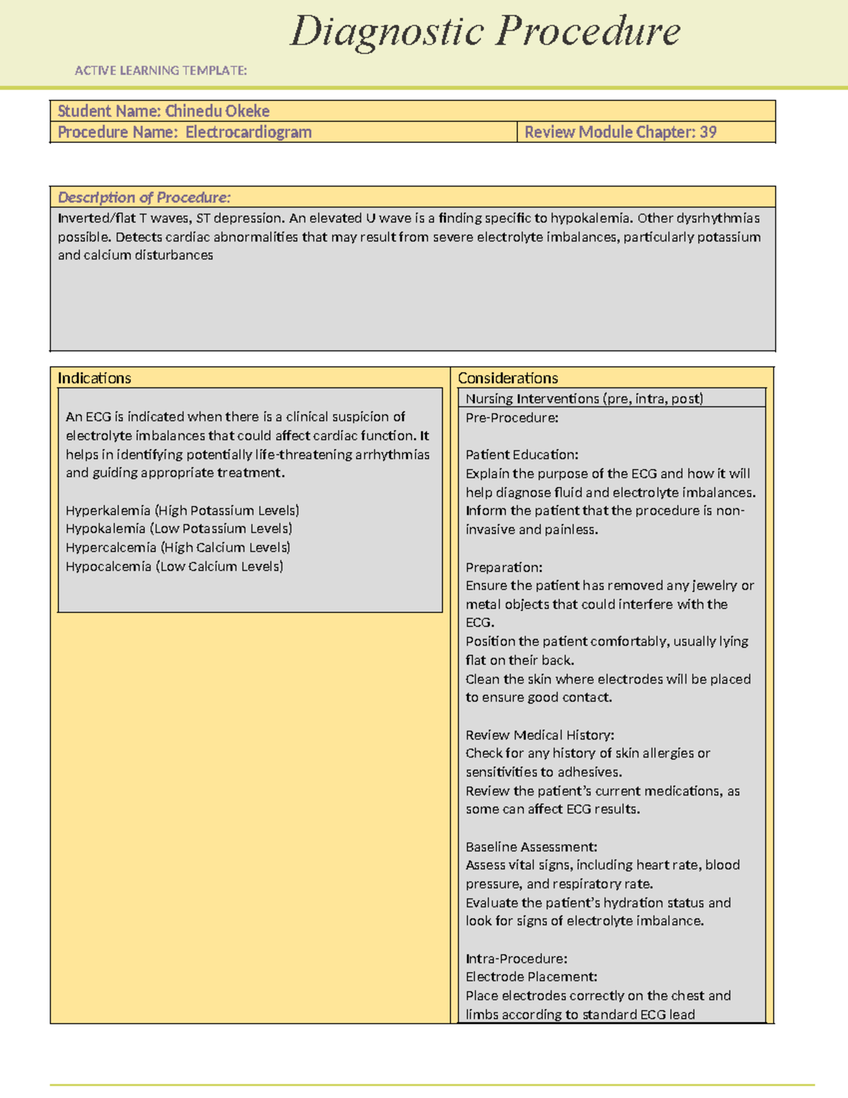 Electrocardiogram Template for cardiovascular - Student Name: Chinedu ...