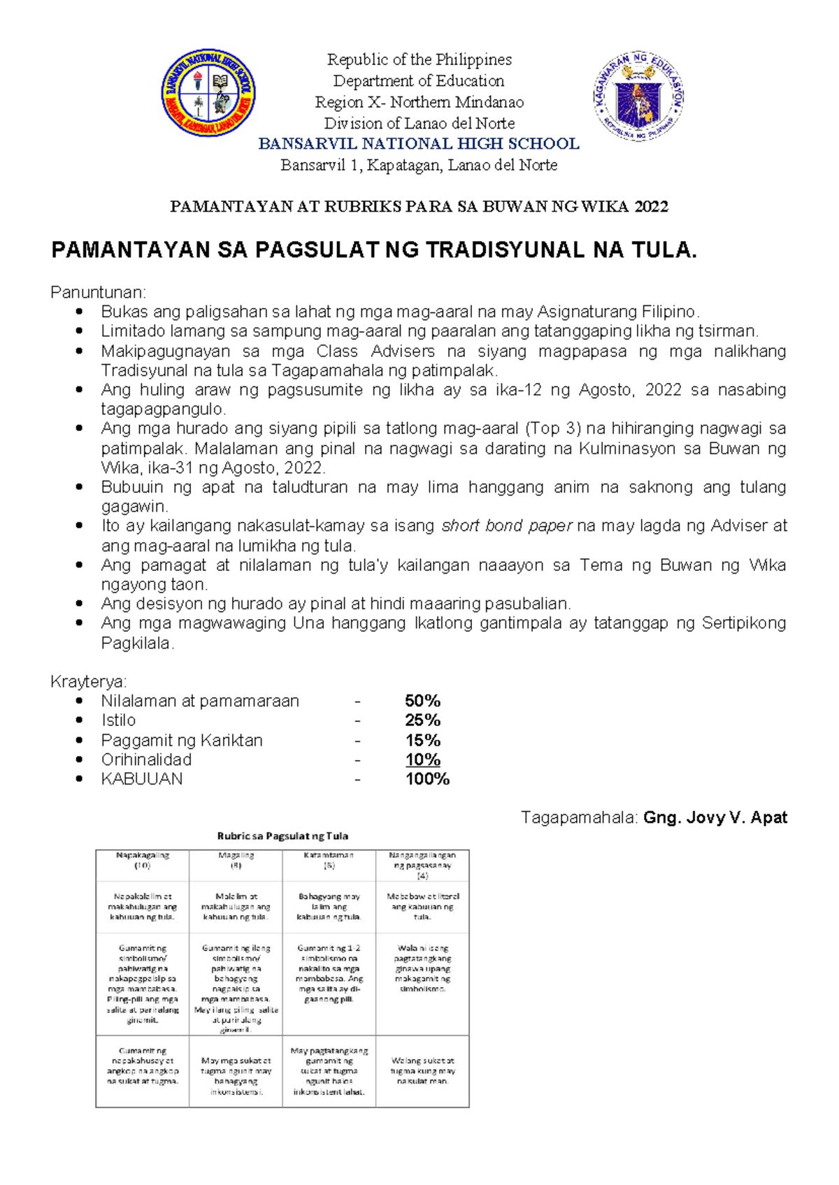 Buwan NG WIKA 2022 Criteria FOR Judging - Department of Education ...