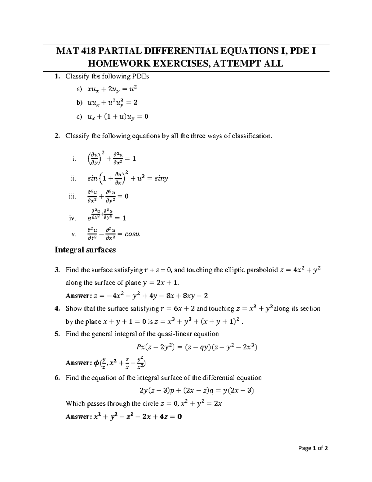 MAT 418 PDE I Exercises - ok. user friendly - Page 1 of 2 MAT 4 18 ...