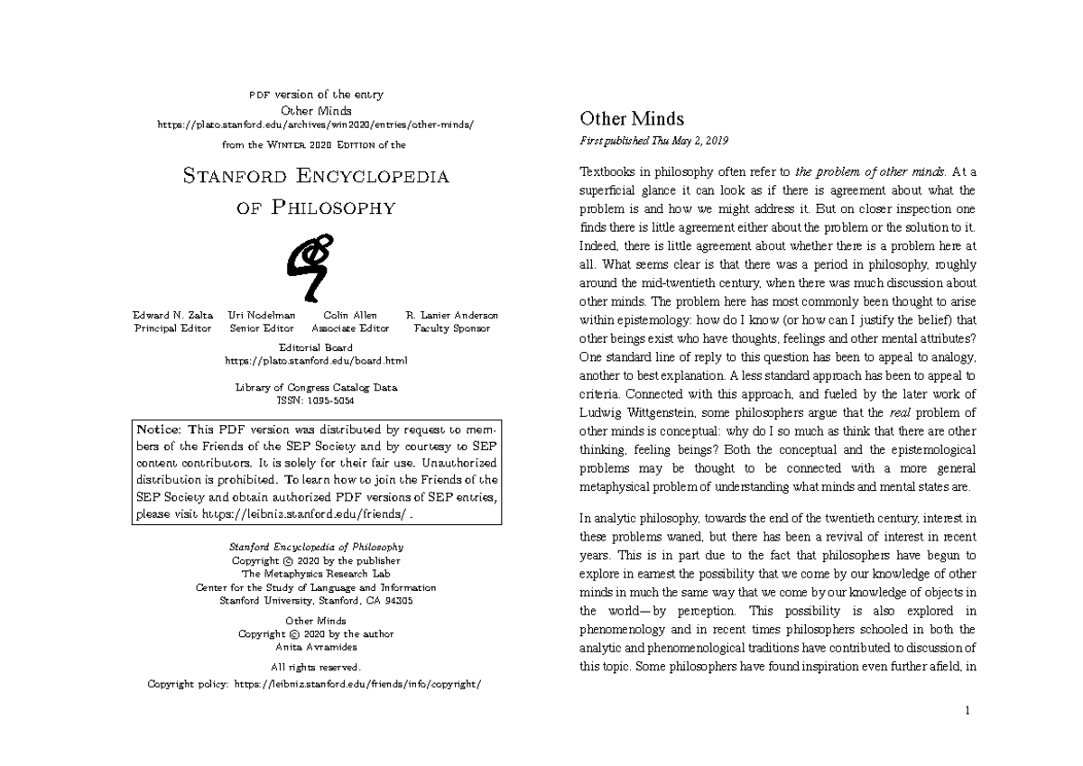 Other-minds-SEP a4 - pdf version of the entry Other Minds - Studocu