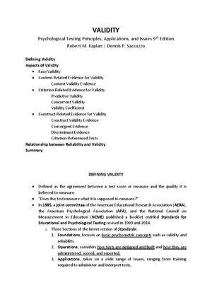 Psych Assessment -Validity - Validity A test is considered valid when ...