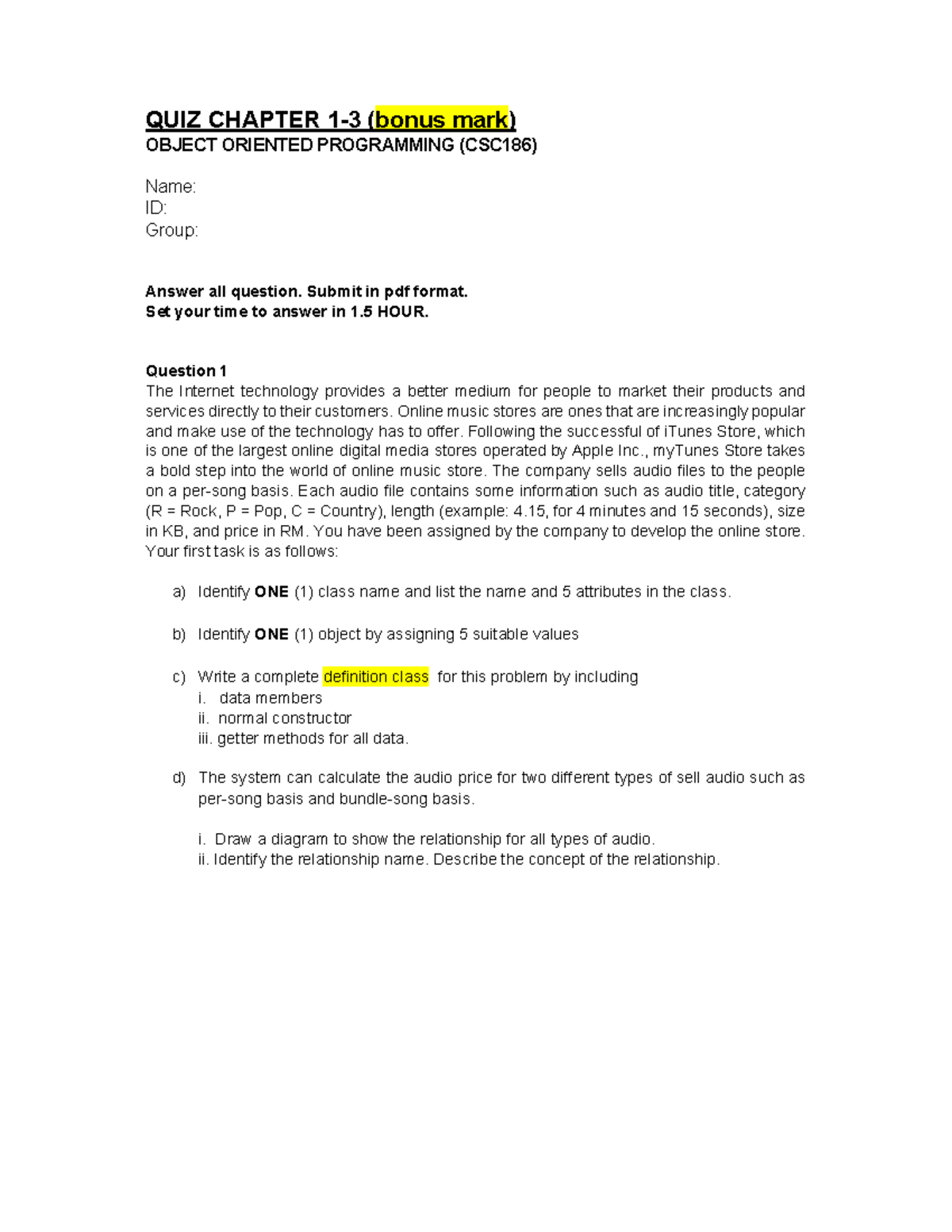 Quiz Chapter 1 3 Mac2023 Quiz Chapter 1 3 Bonus Mark Object Oriented Programming Csc186
