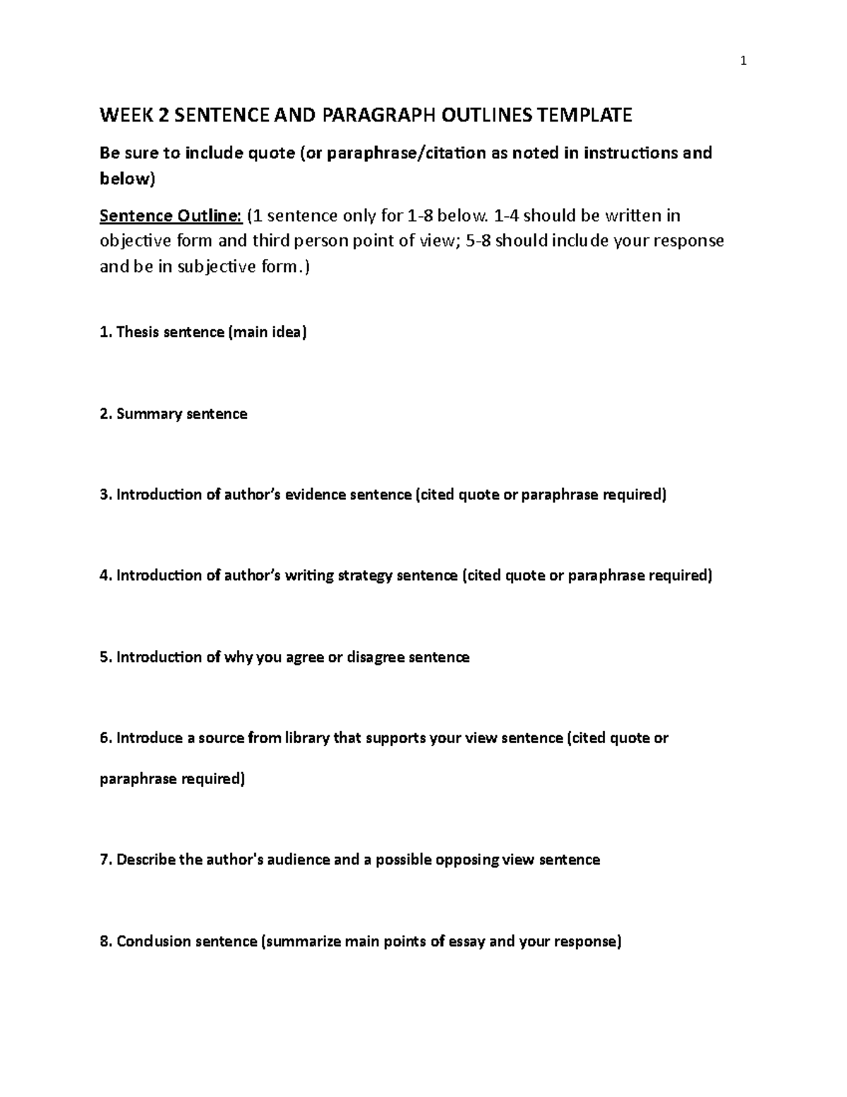 WEEK 2 Sentence AND Paragraph Outlines Template - 1 WEEK 2 SENTENCE AND ...