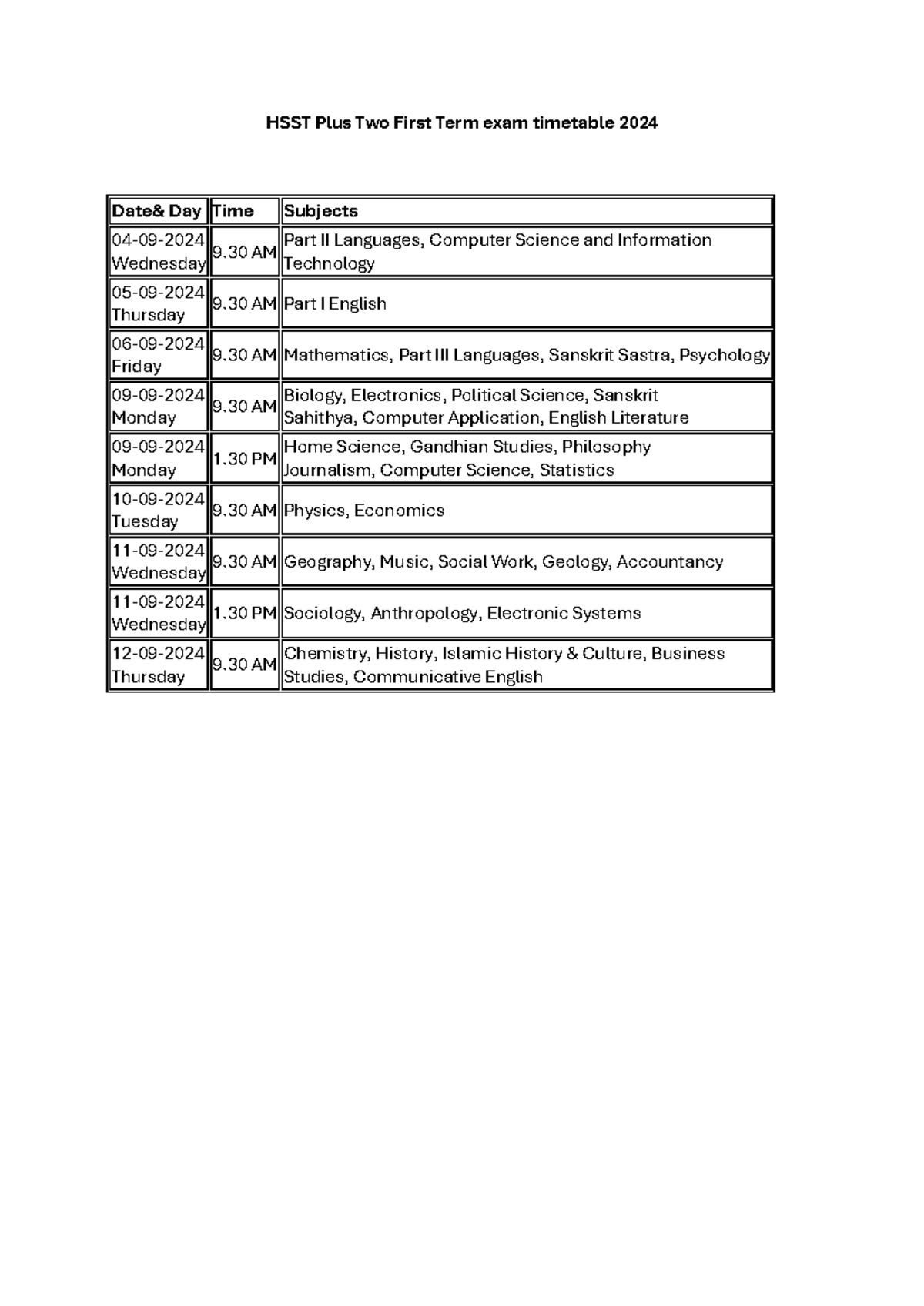 PLus Two First Term exam 2024 Updated timetable Class 12 - HSST Plus ...