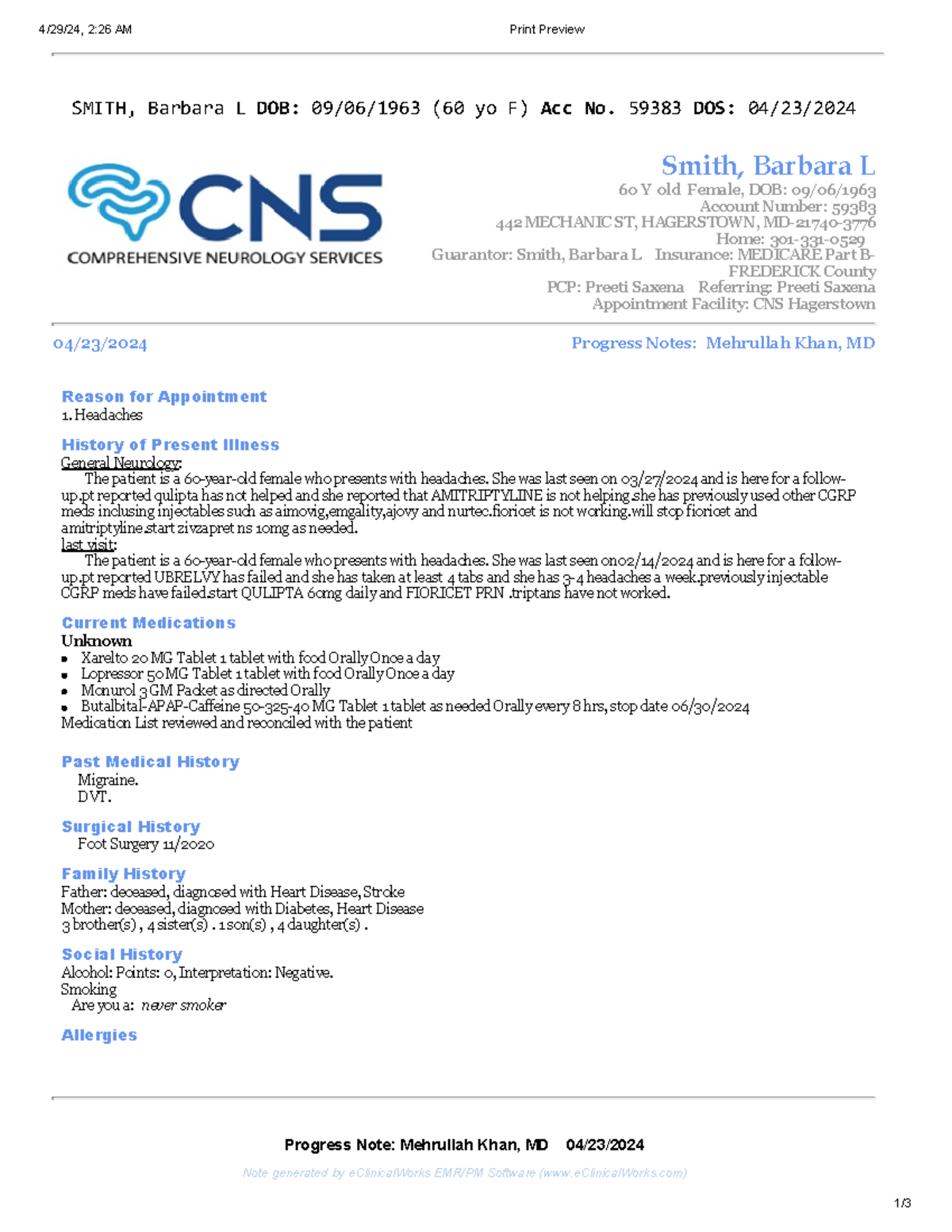 BLS - Migraine - Reason for Appointment 1. Headaches History of Present ...