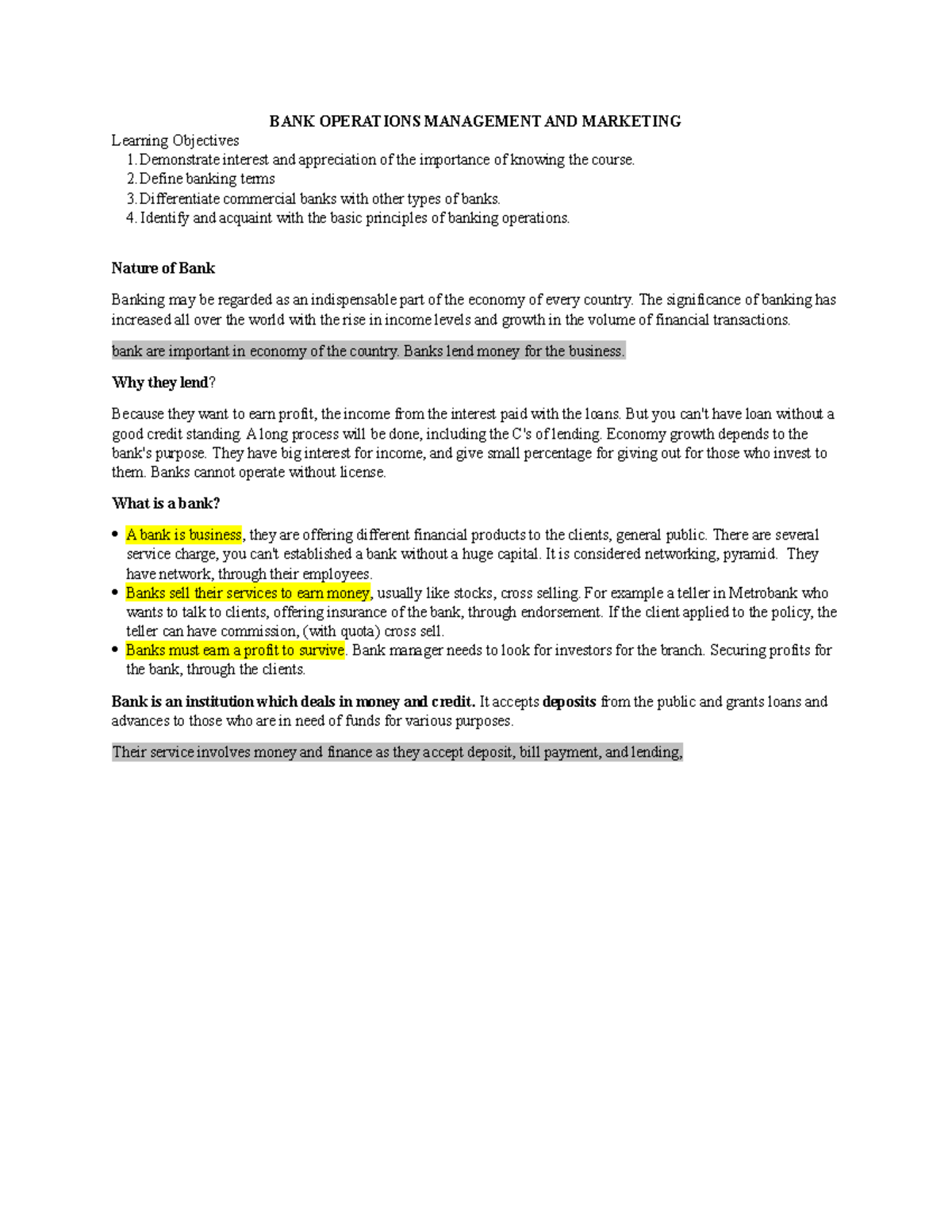 BANK Operations Management AND Marketing - Nature of Bank - BANK ...