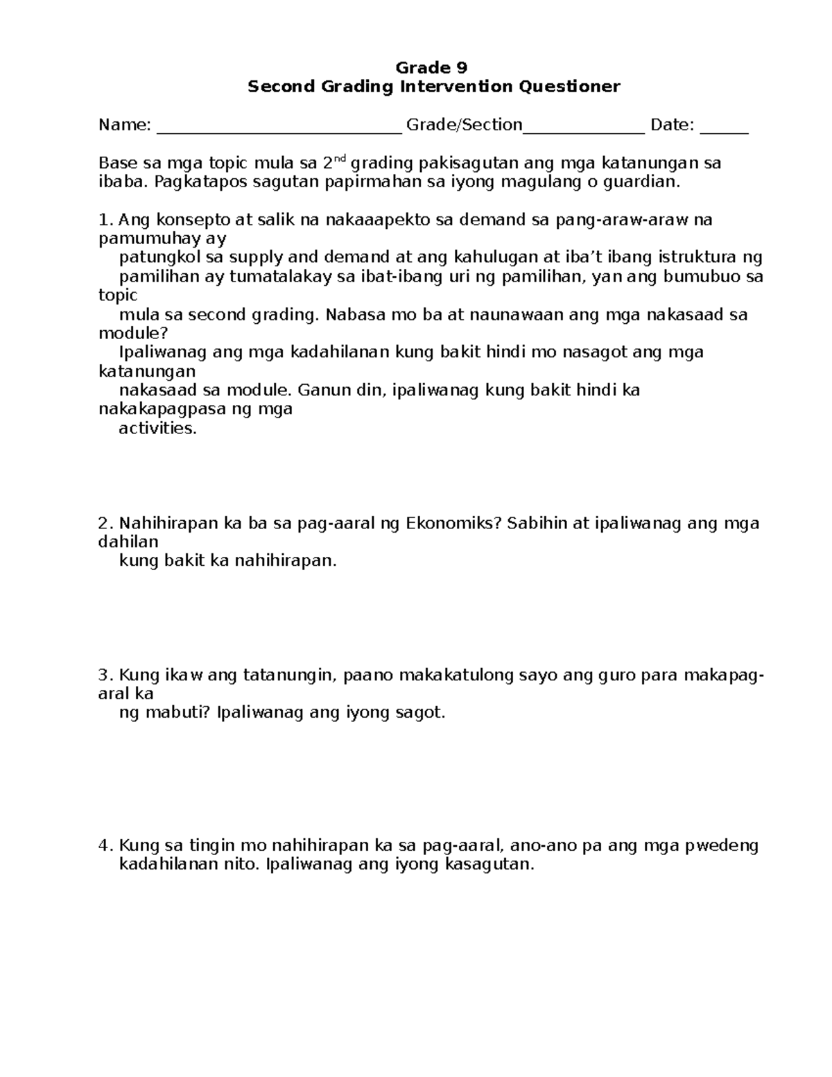 Intervention Questions - Grade 9 Second Grading Intervention Questioner Name: - Studocu