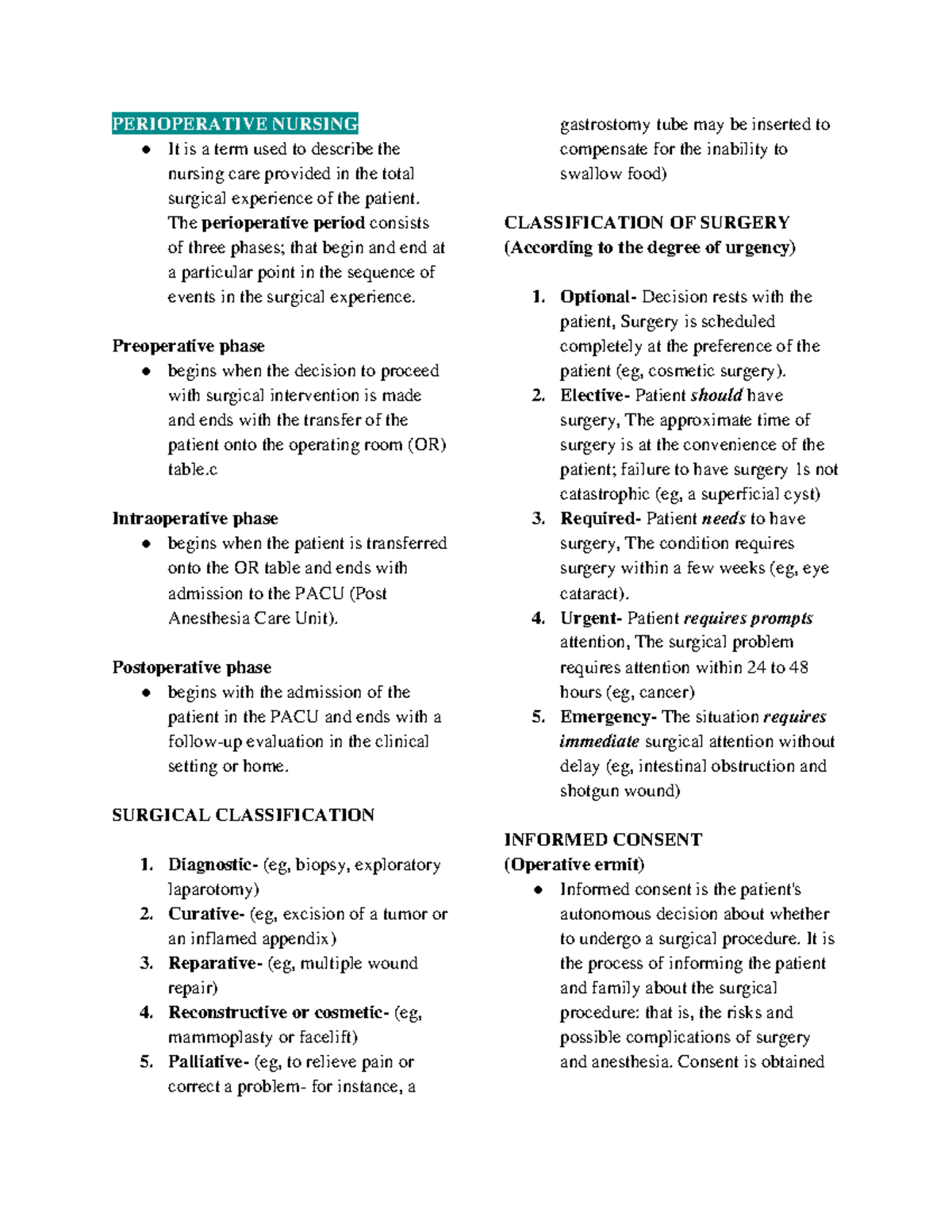 Peri OP - Lecture notes - PERIOPERATIVE NURSING It is a term used to ...