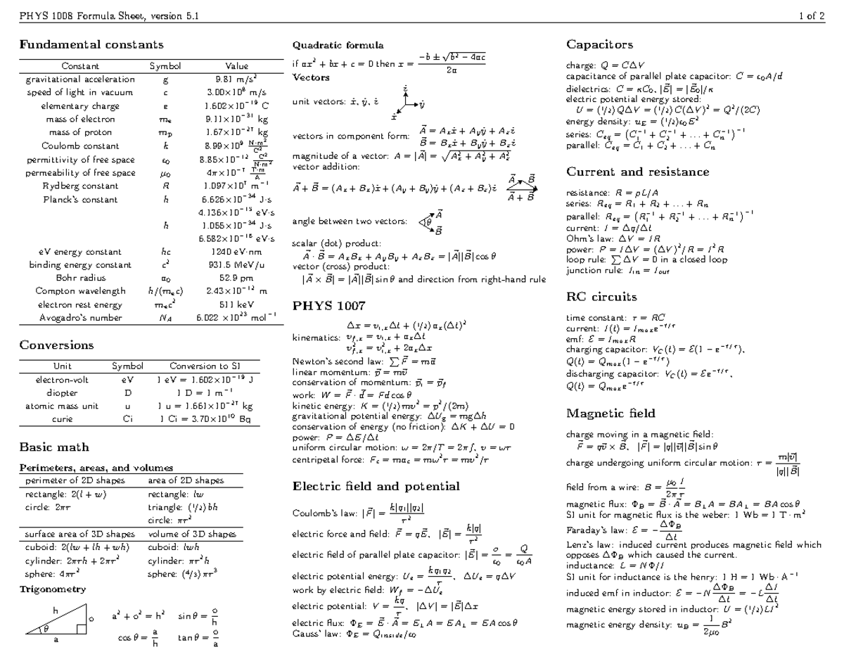 Formula sheet v5 - PHYS 1008 Formula Sheet, version 5 Fundamental ...