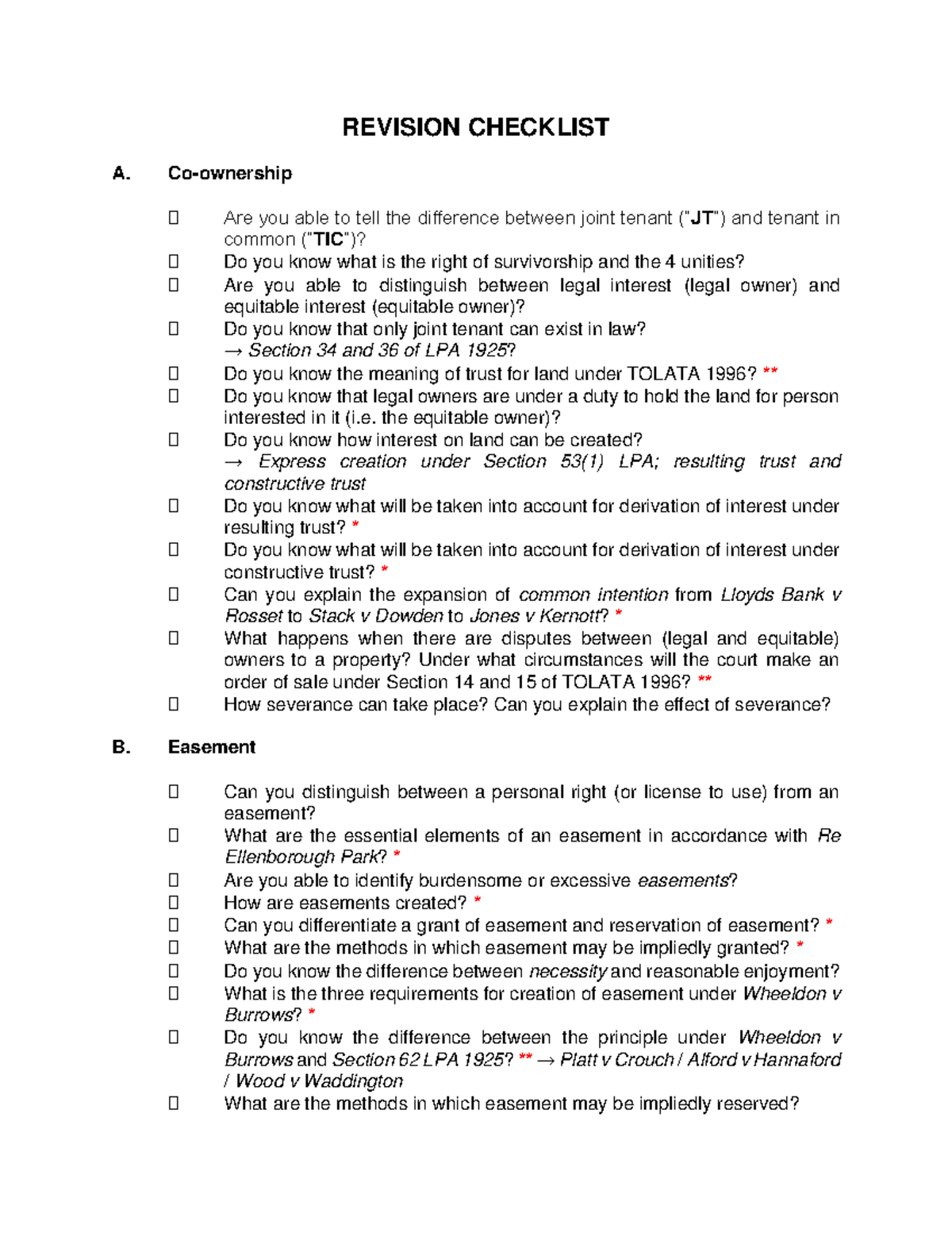 Revision Checklist - REVISION CHECKLIST A. Co-ownership Are you able to ...