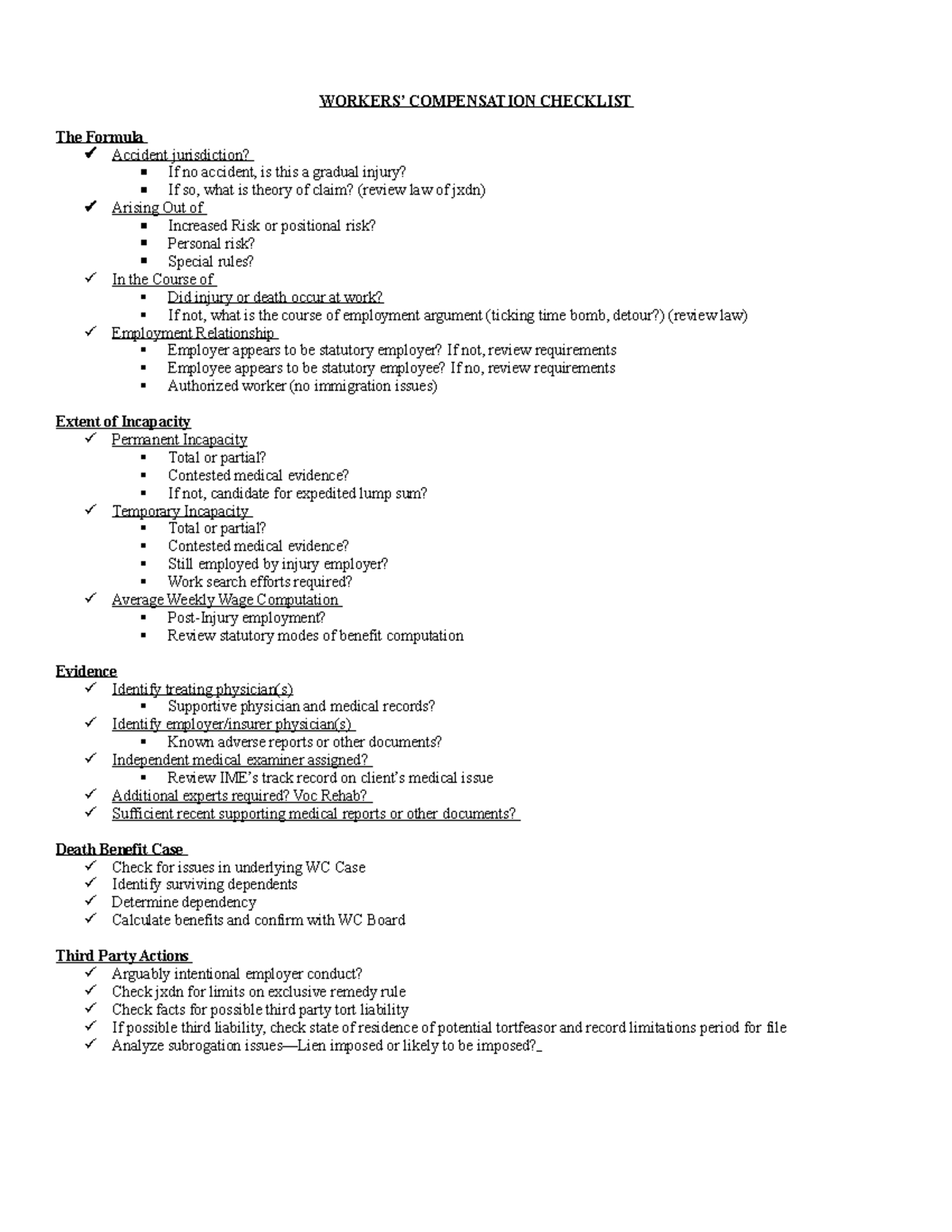 WC Checklist - Summary Workers' Compensation - COMPENSATION CHECKLIST ...
