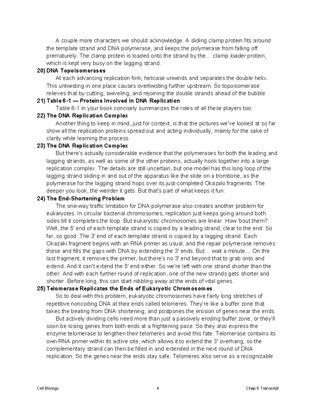 Ch6 part 2 - n/a - Cell Biology 4 Chap 6 Transcript A couple more ...