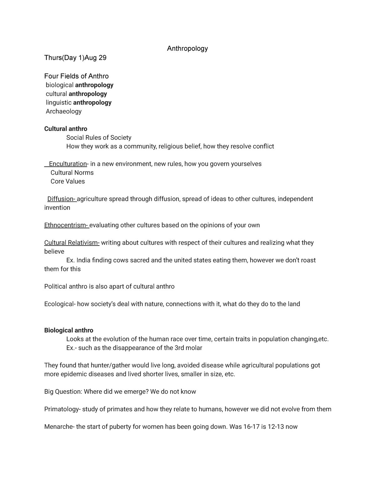 Into To Anthropology Lecture Notes Anthropology Thurs Day 1 Aug 29