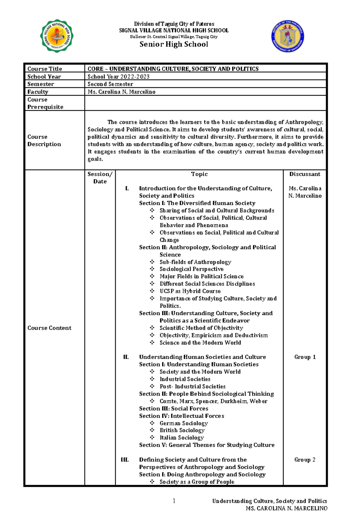 UCSP-Course-Syllabus - SIGNAL VILLAGE NATIONAL HIGH SCHOOL Balleser St ...