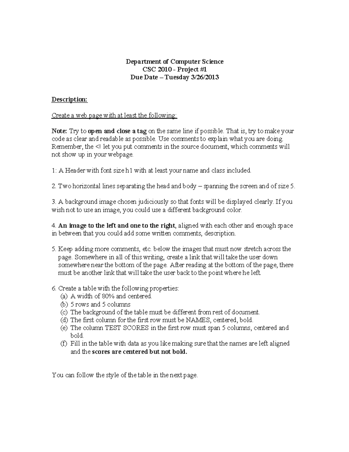 Project 1 Department Of Computer Science Csc 2010 Project Due Date Tuesday Description Create