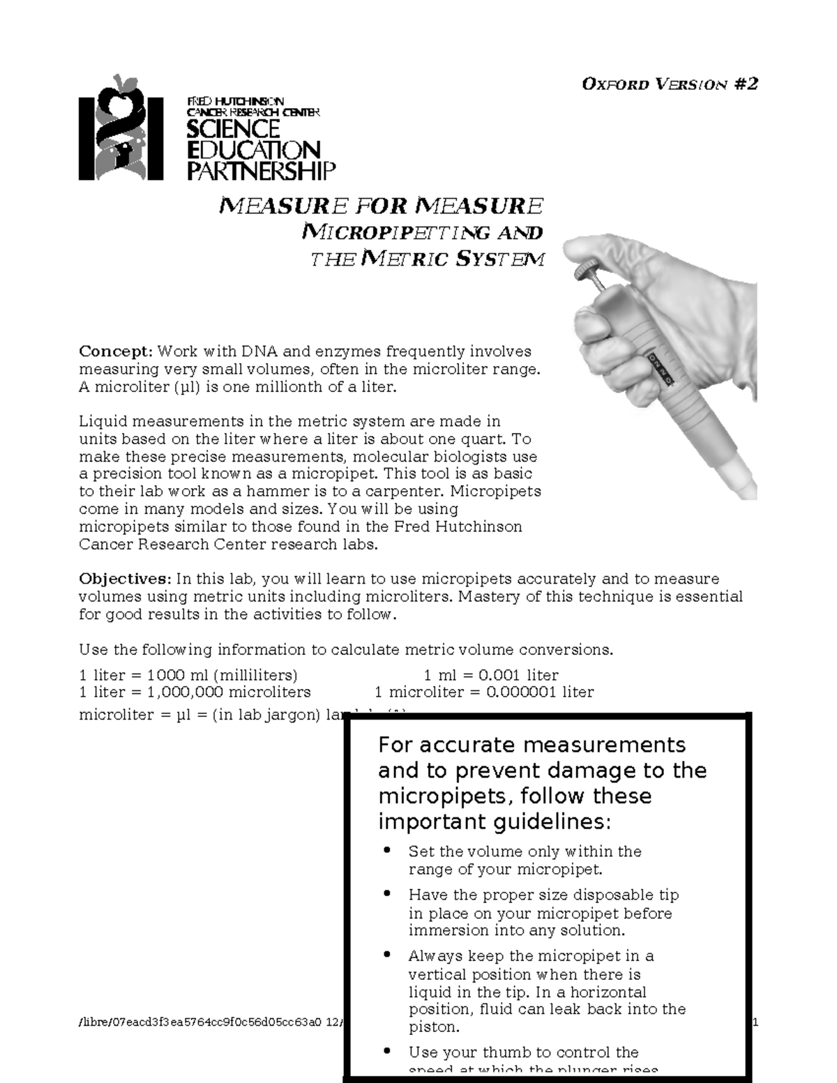Pipette Practice Biology - OXFORD VERSION MEASURE FOR MEASURE ...