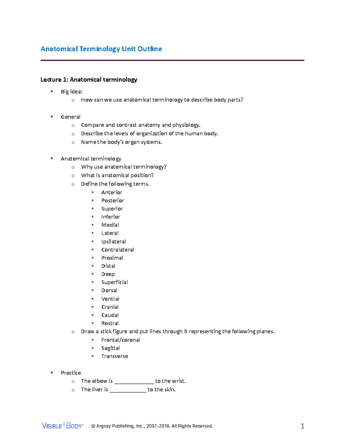 Anatomical terminology unit outline - Anatomical Terminology Unit ...