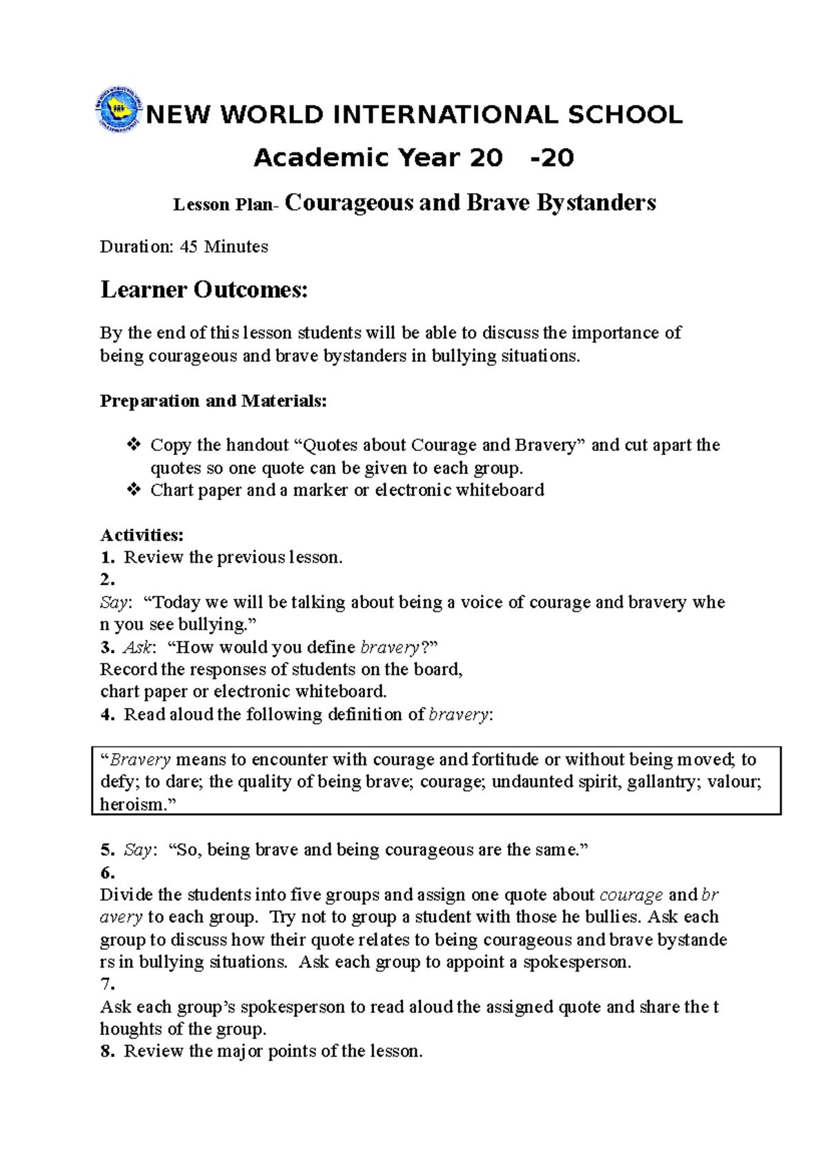 NWIS Anti- Bullying Lesson Plan-3 NWIS Anti- Bullying Lesson Plan-3 ...