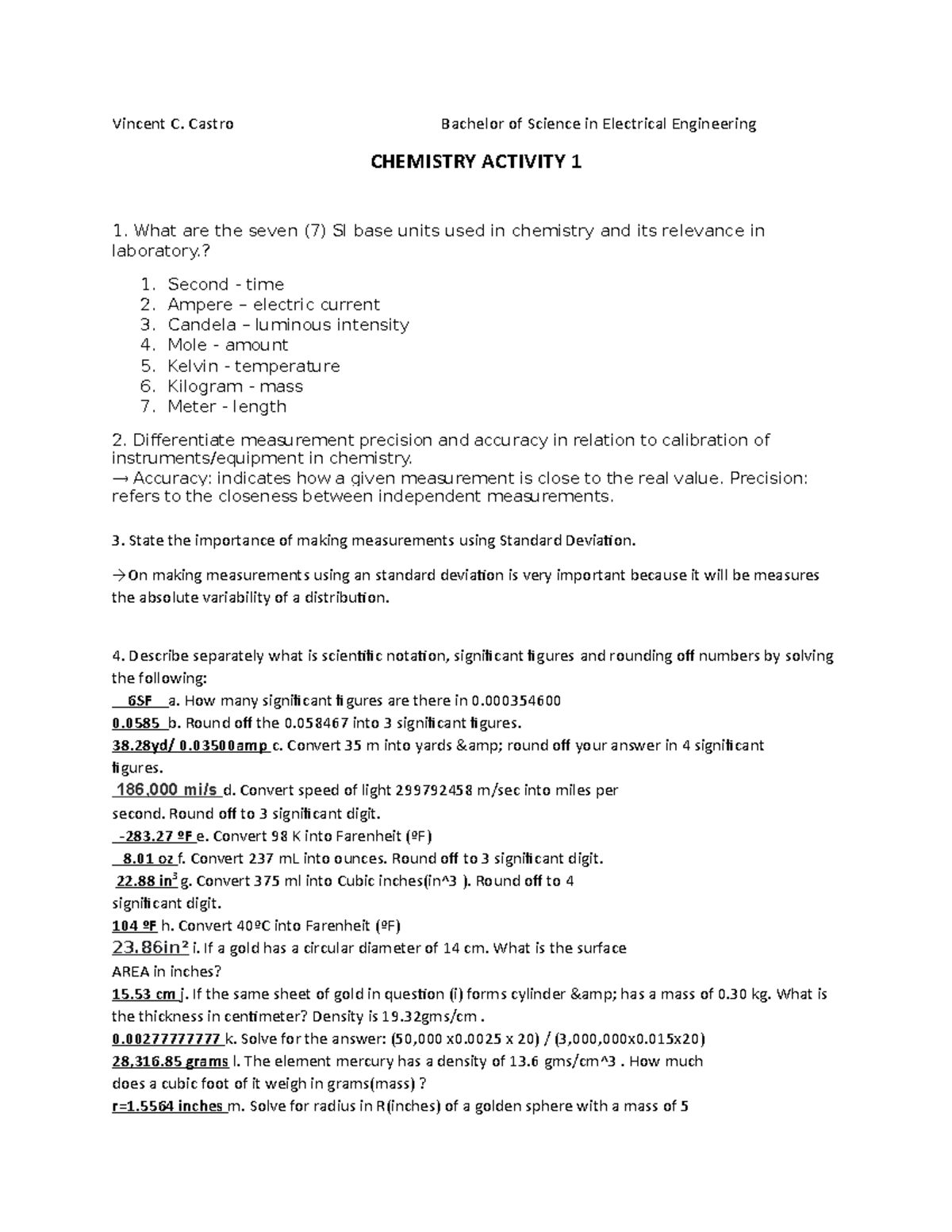 Chemistry Activity 1 - asdsafdgfgfd - Vincent C. Castro Bachelor of ...