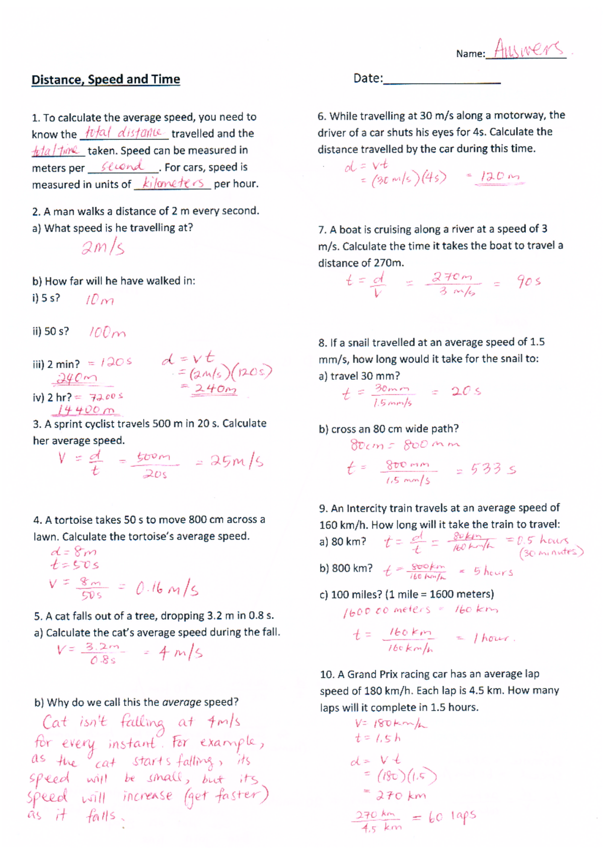 Distance speed time worksheet answers - Physics for Engineers - Studocu
