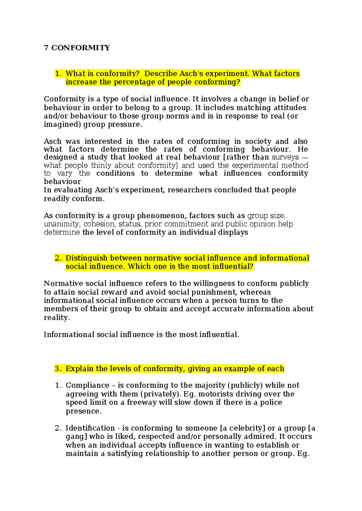 Conformity - Notes - 7 CONFORMITY What is conformity? Describe Asch's ...