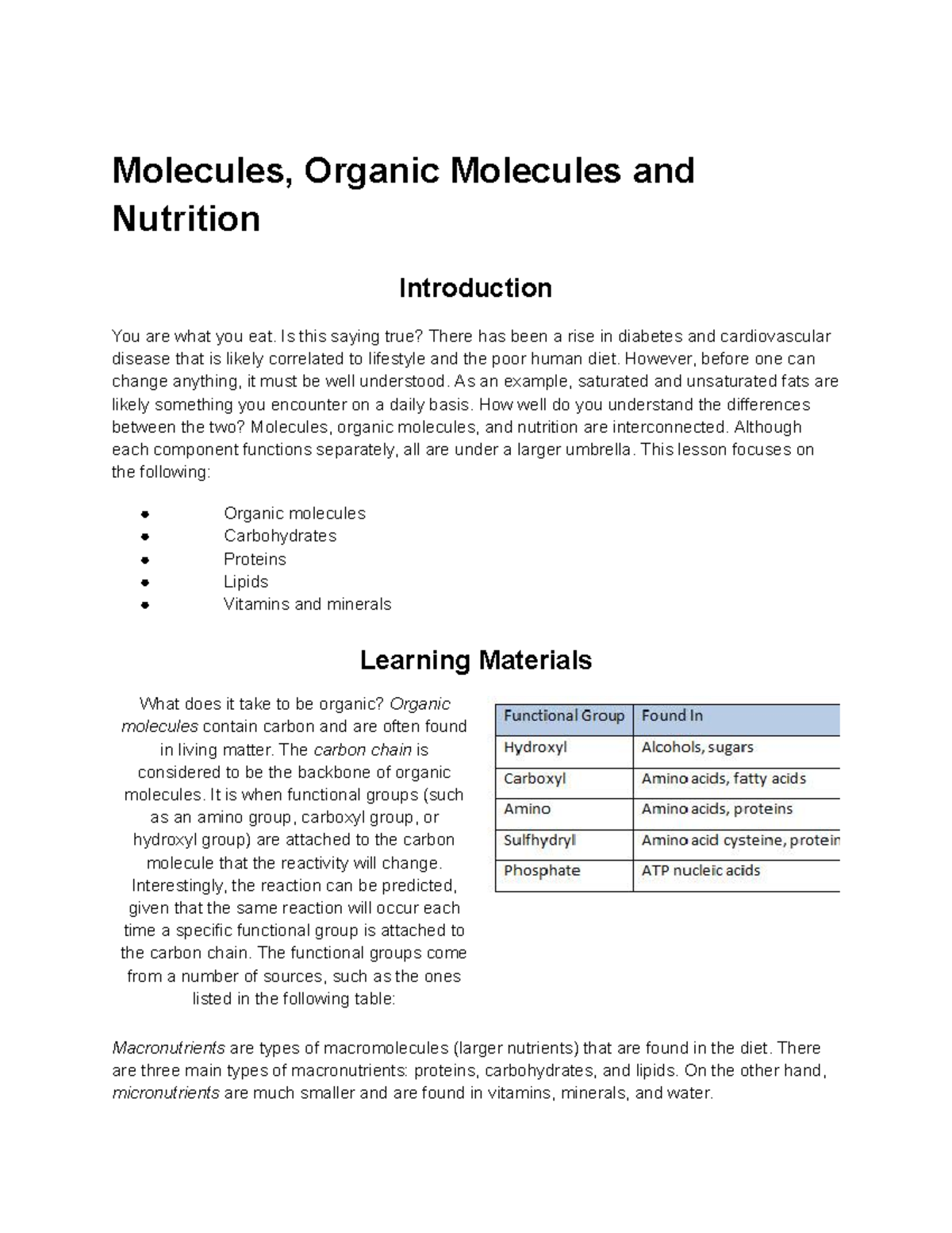 Molecules, Organic Molecules and Nutrition - Molecules, Organic ...